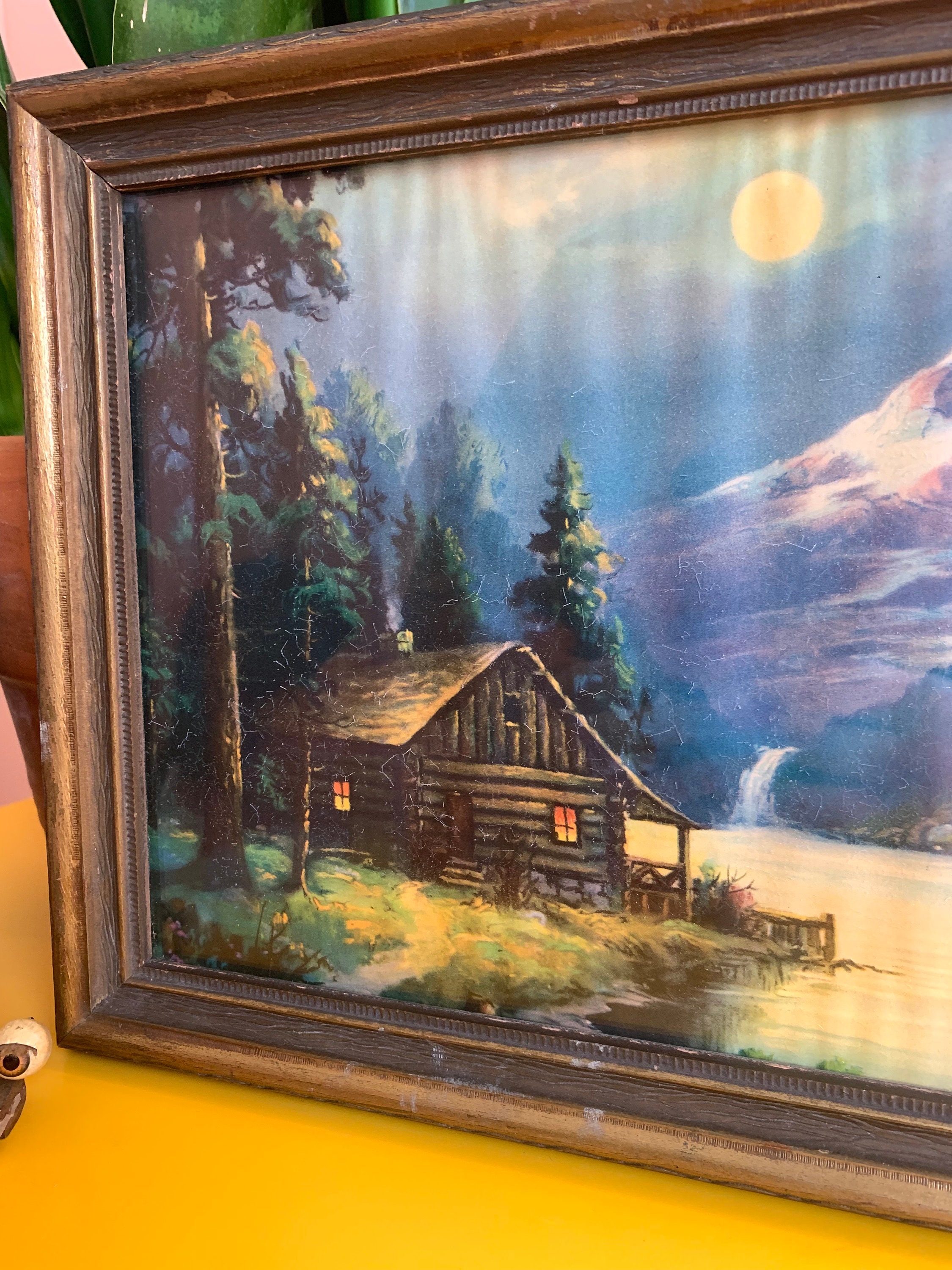 Vintage Log Cabin Lithograph In Original Wood Frame
