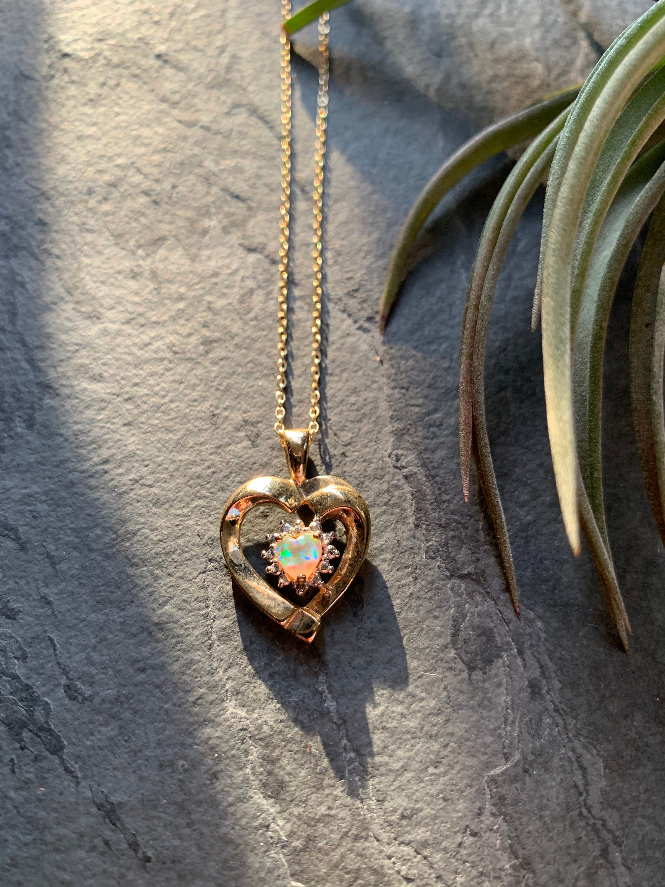 Vintage Gold Plated Heart Pendent Necklace Diamond And Opal
