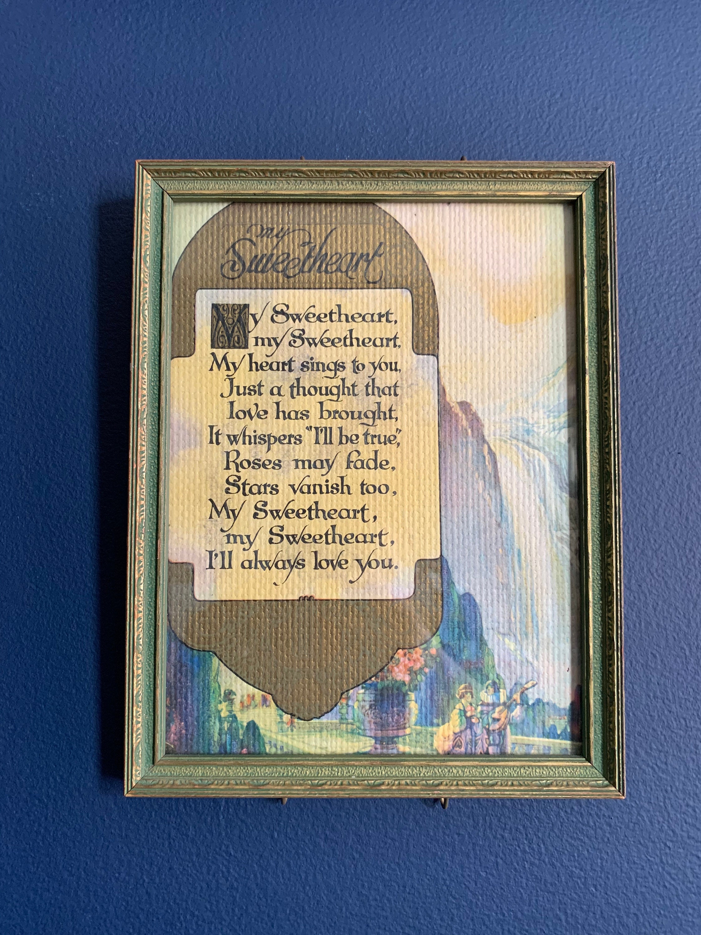 Antique Sweetheart Motto Lithograph In Original Wood Frame