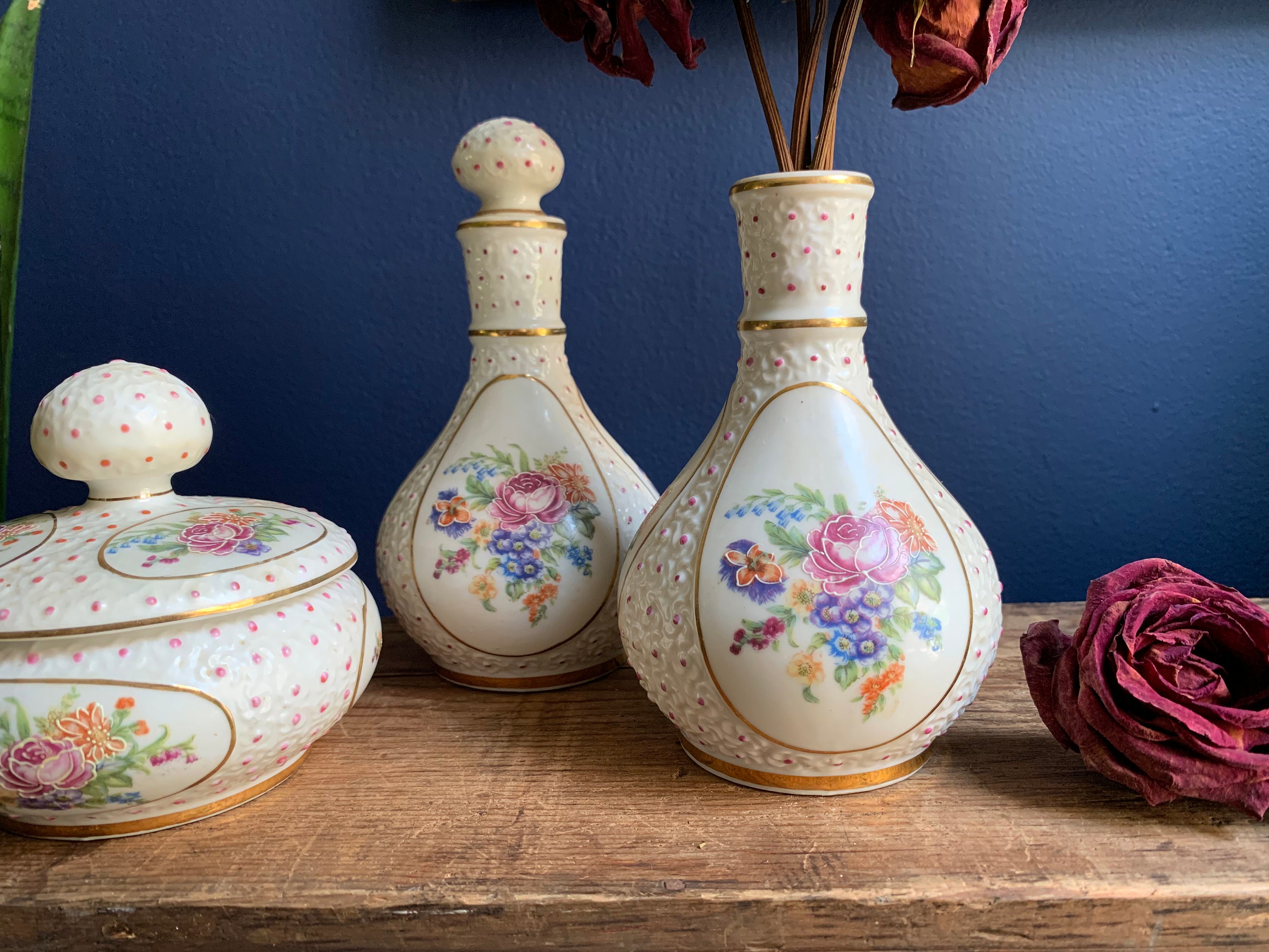 Vintage Ceramic Vanity Set With Pink Polkadots, Floral Vignettes, and ...