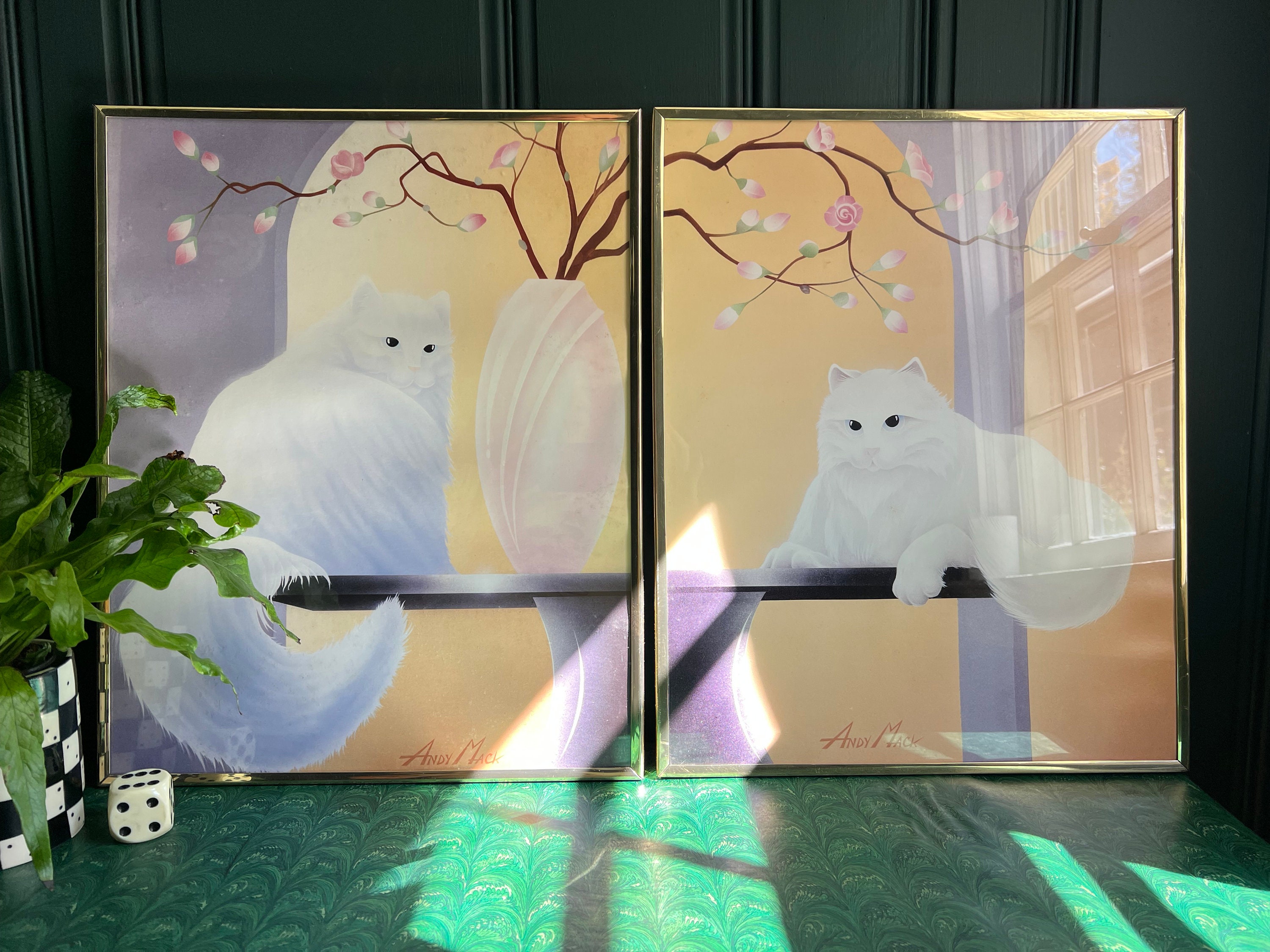 Pair of 1980's Art Deco Revival Andy Mack Cats Prints In Original Gold ...