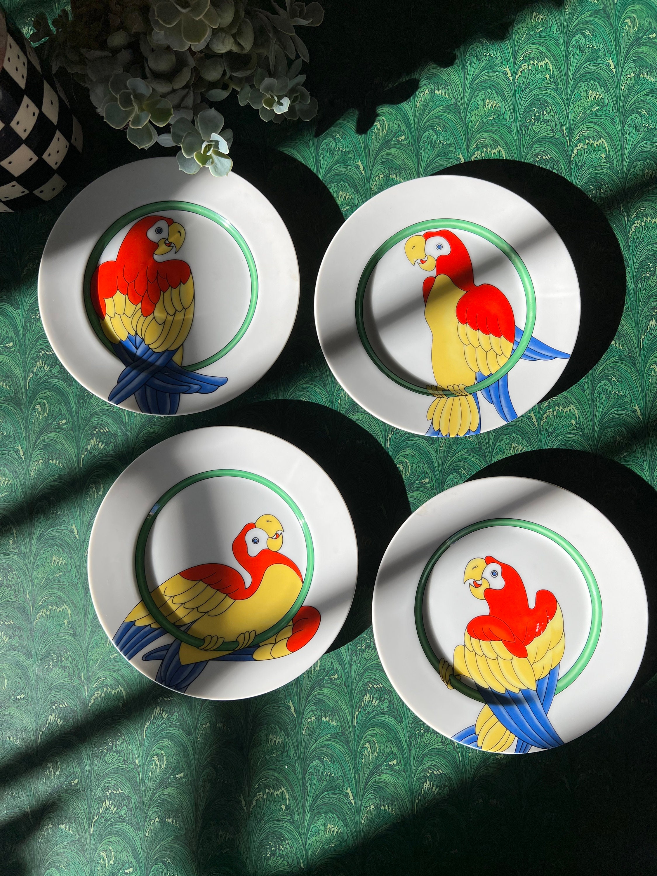 Set Of 4 Vintage Porcelain Parrot Plates by Fitz And Floyd
