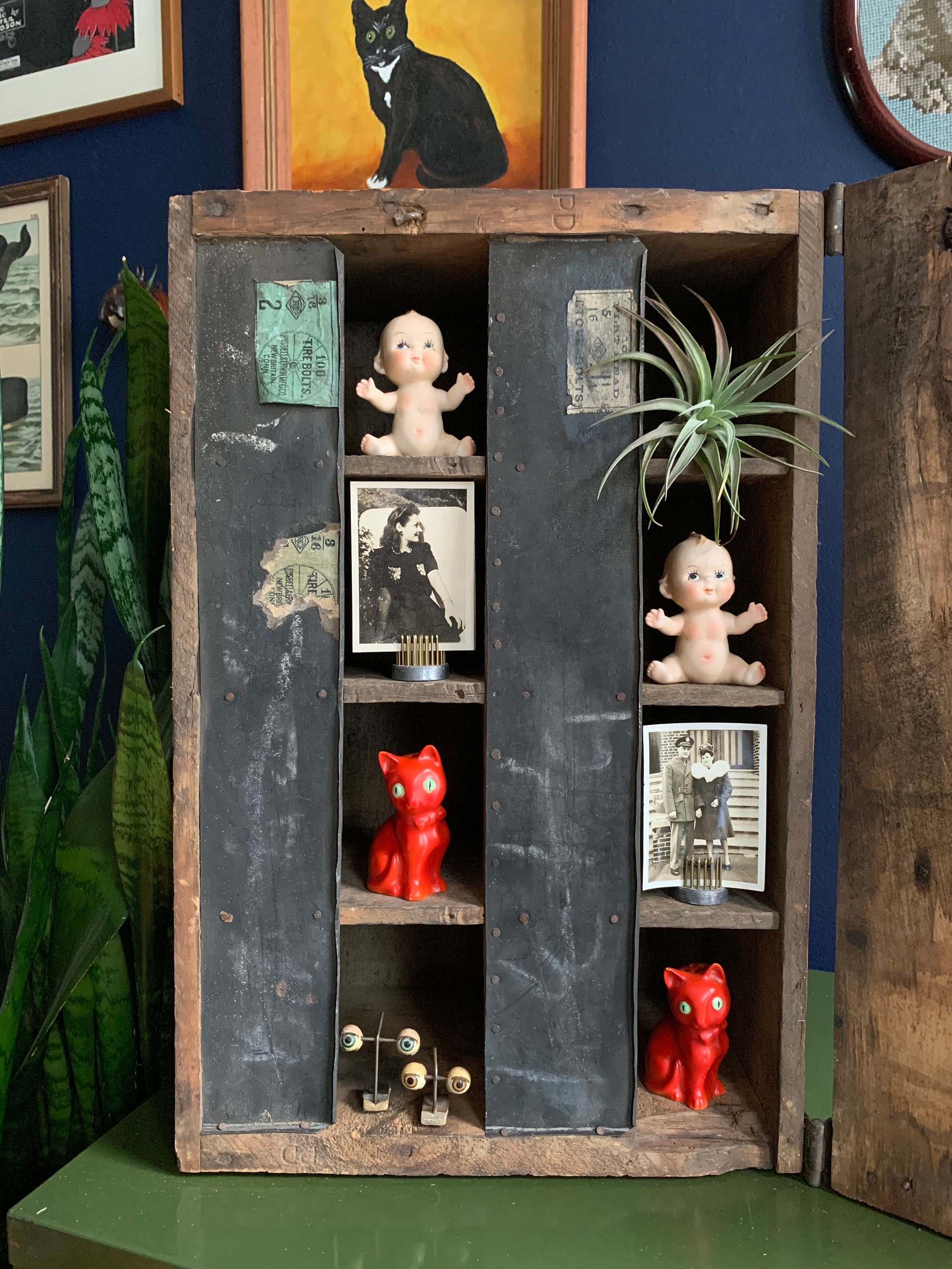 Antique Multi Compartment Wood & Metal Storage Display Crate