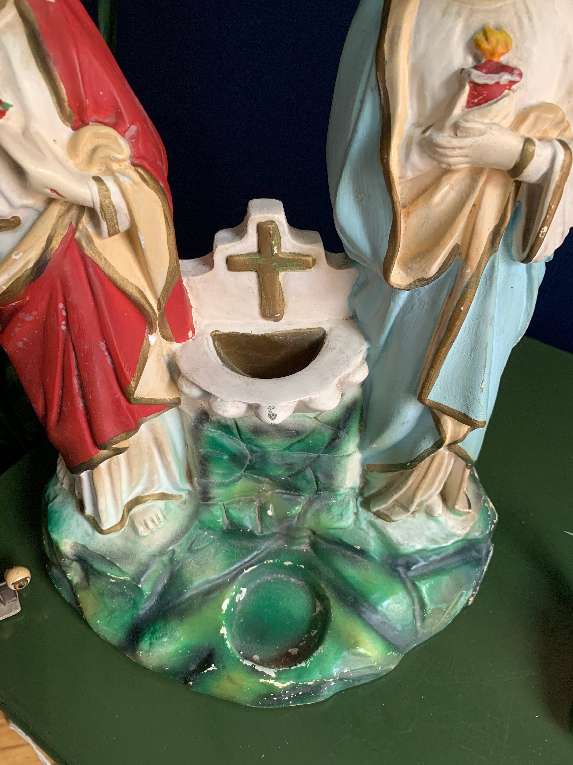 Jesus & Mary Chalkware Altar Statue With Holy Water Font And Candle Holder