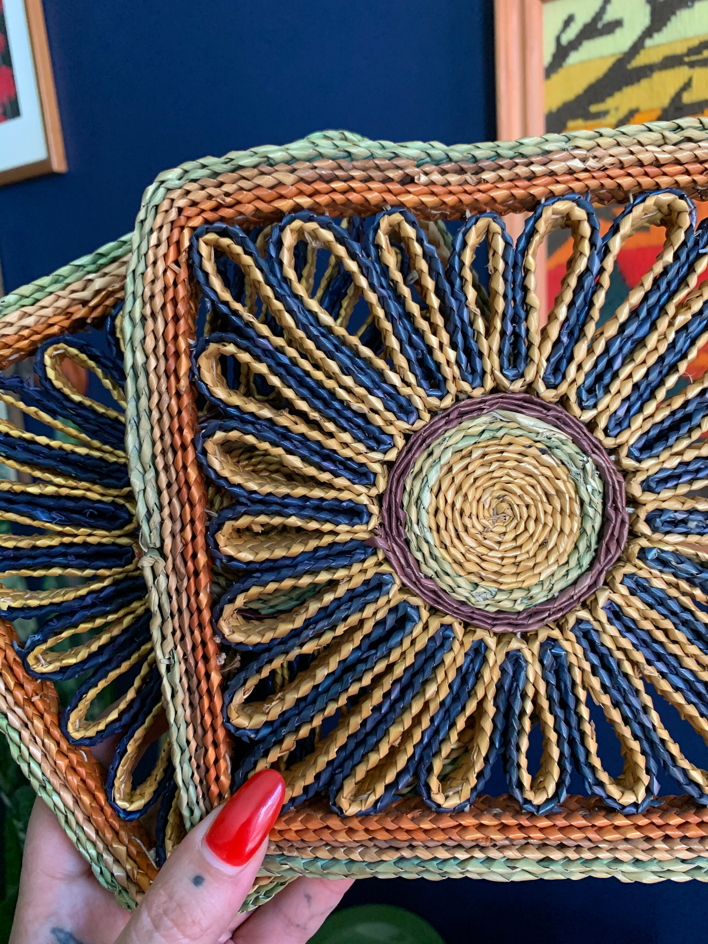 Pair Of Colorful Vintage Wicker/ Rattan Flower Trivets