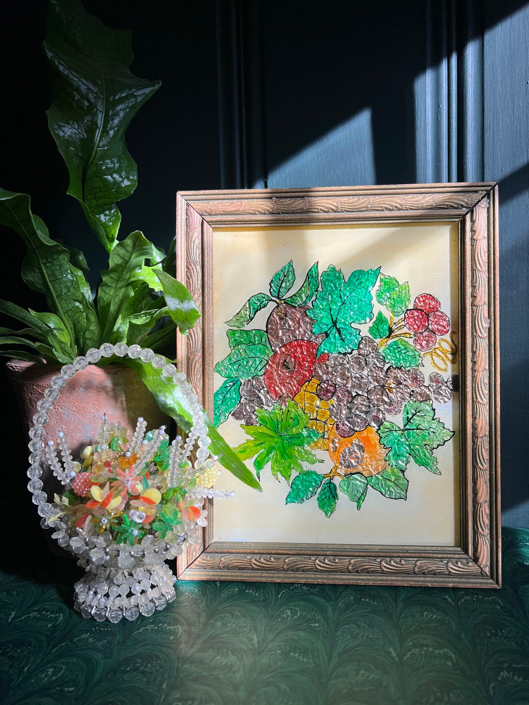 Antique Reverse Painted Glass Foil Tinsel Art of Fruits and Foliage - Etsy