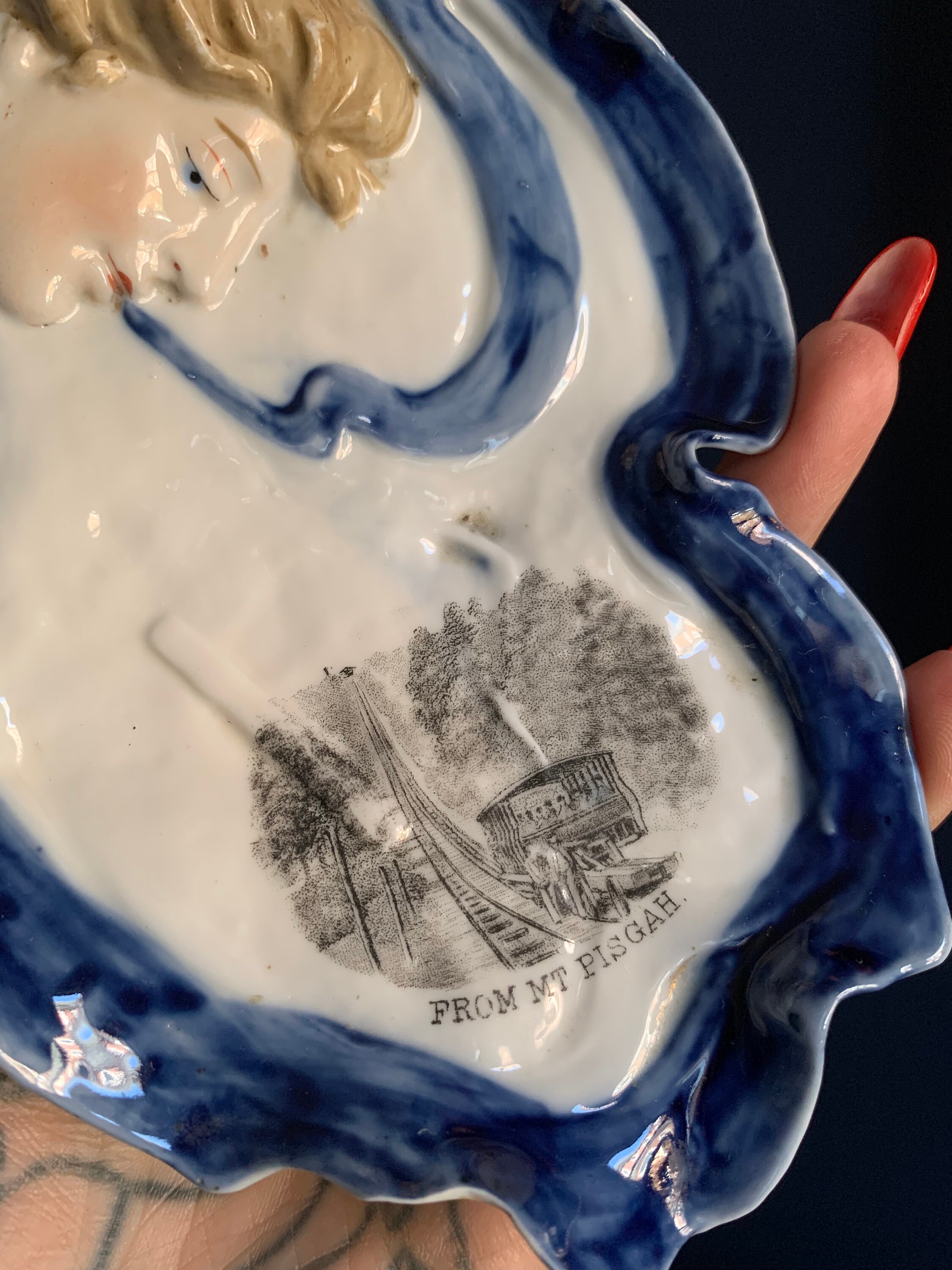 Art Nouveau Ashtray With Woman Head For Airplants or Jewelry, Mt Pisgah