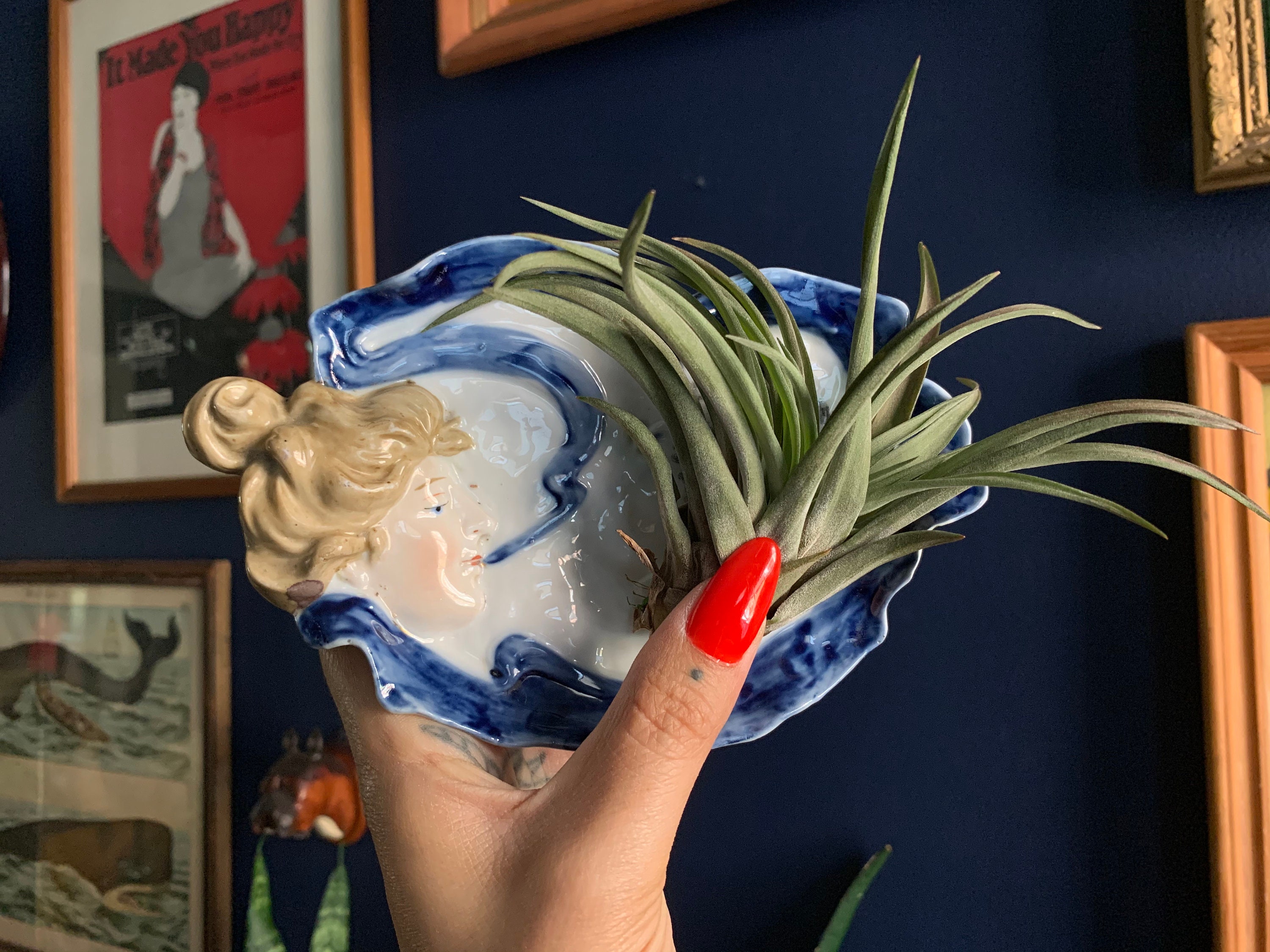 Art Nouveau Ashtray With Woman Head For Airplants or Jewelry, Mt Pisgah