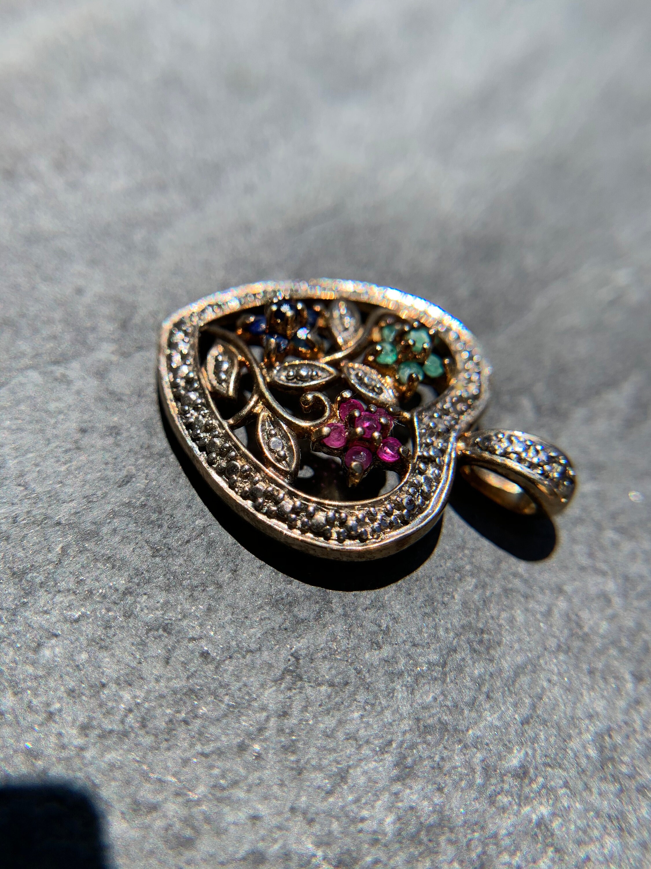 Vintage 14k Gold Plated Sapphire, Ruby And Emerald Floral Heart Charm