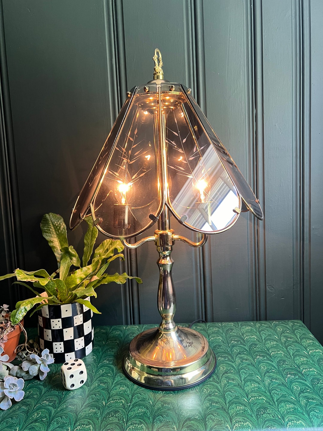 Vintage Touch Lamp With Etched Grey Glass Panel Shades - Etsy