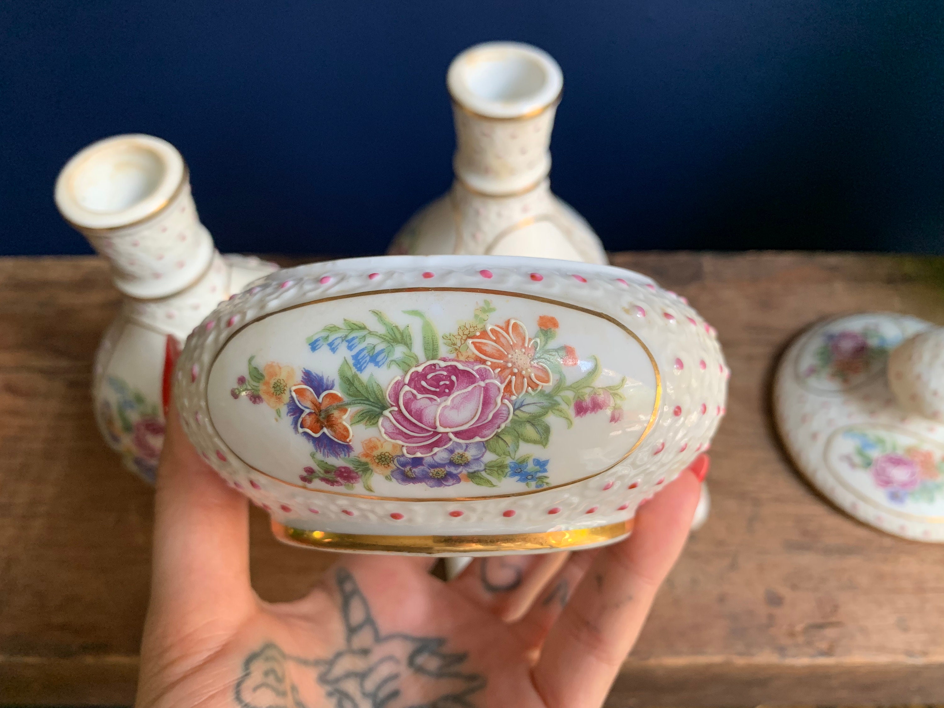 Vintage Ceramic Vanity Set With Pink Polkadots, Floral Vignettes, and ...