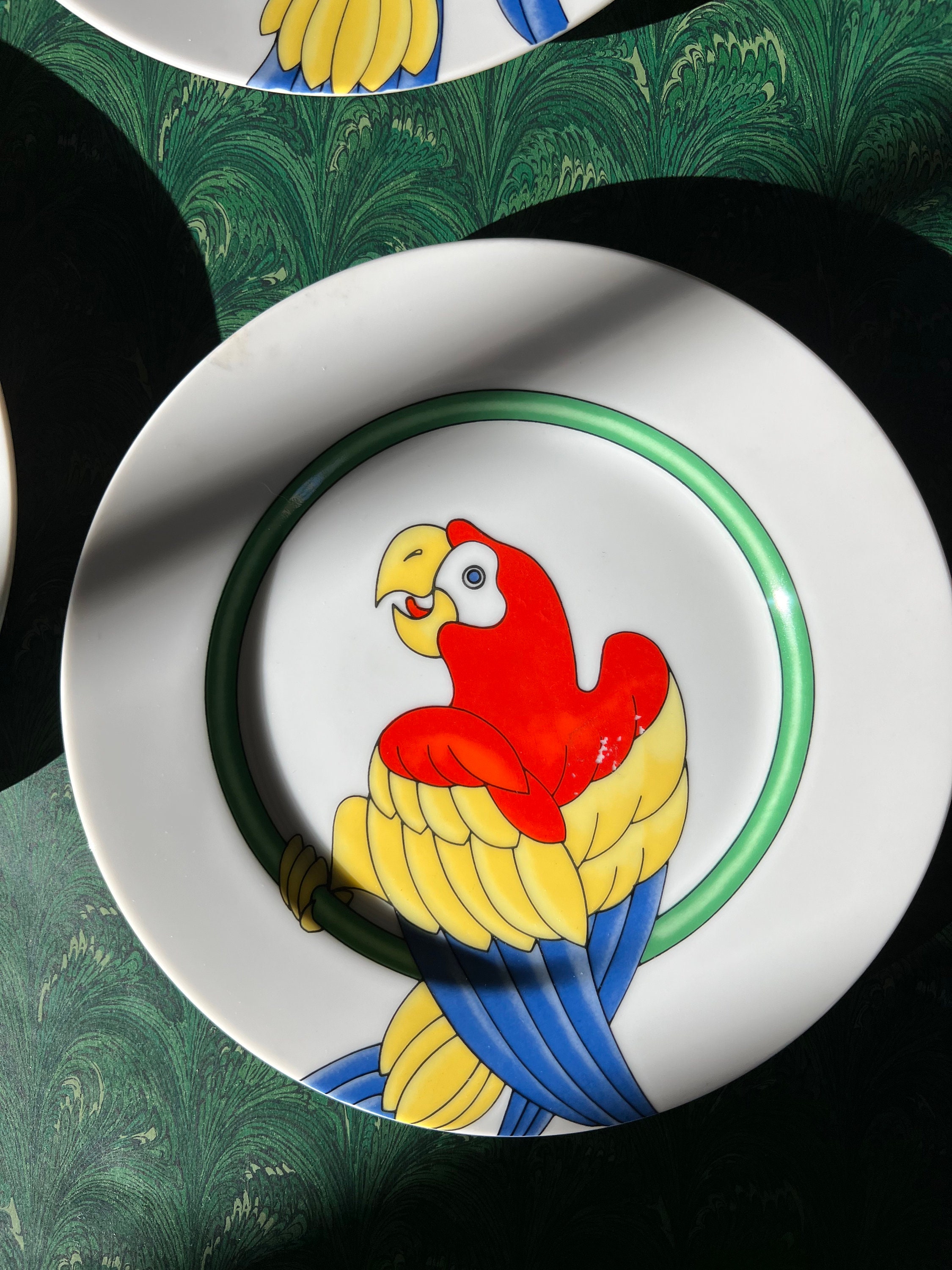 Set Of 4 Vintage Porcelain Parrot Plates by Fitz And Floyd
