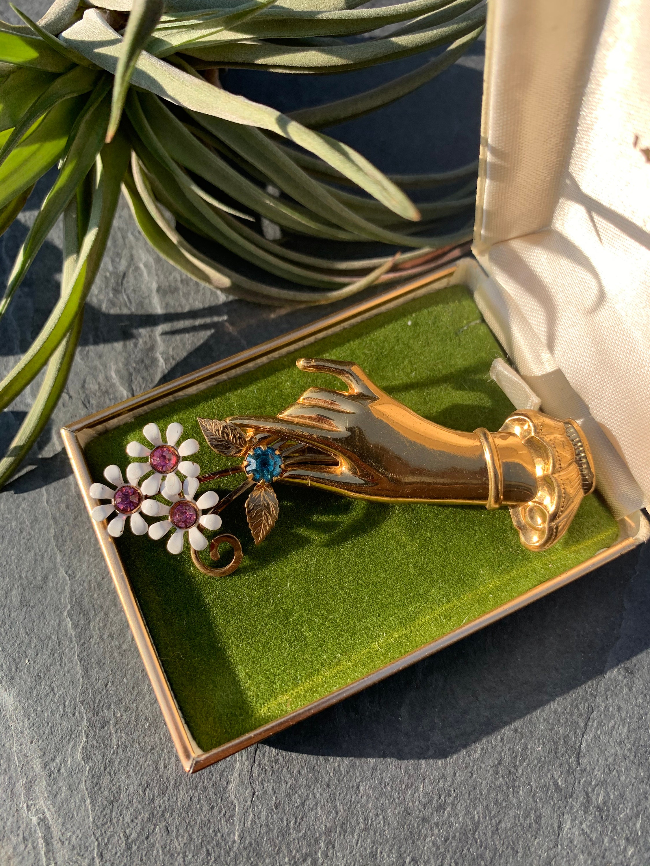 1960’s Hand Brooch With Flowers & Rhinestones By Coro