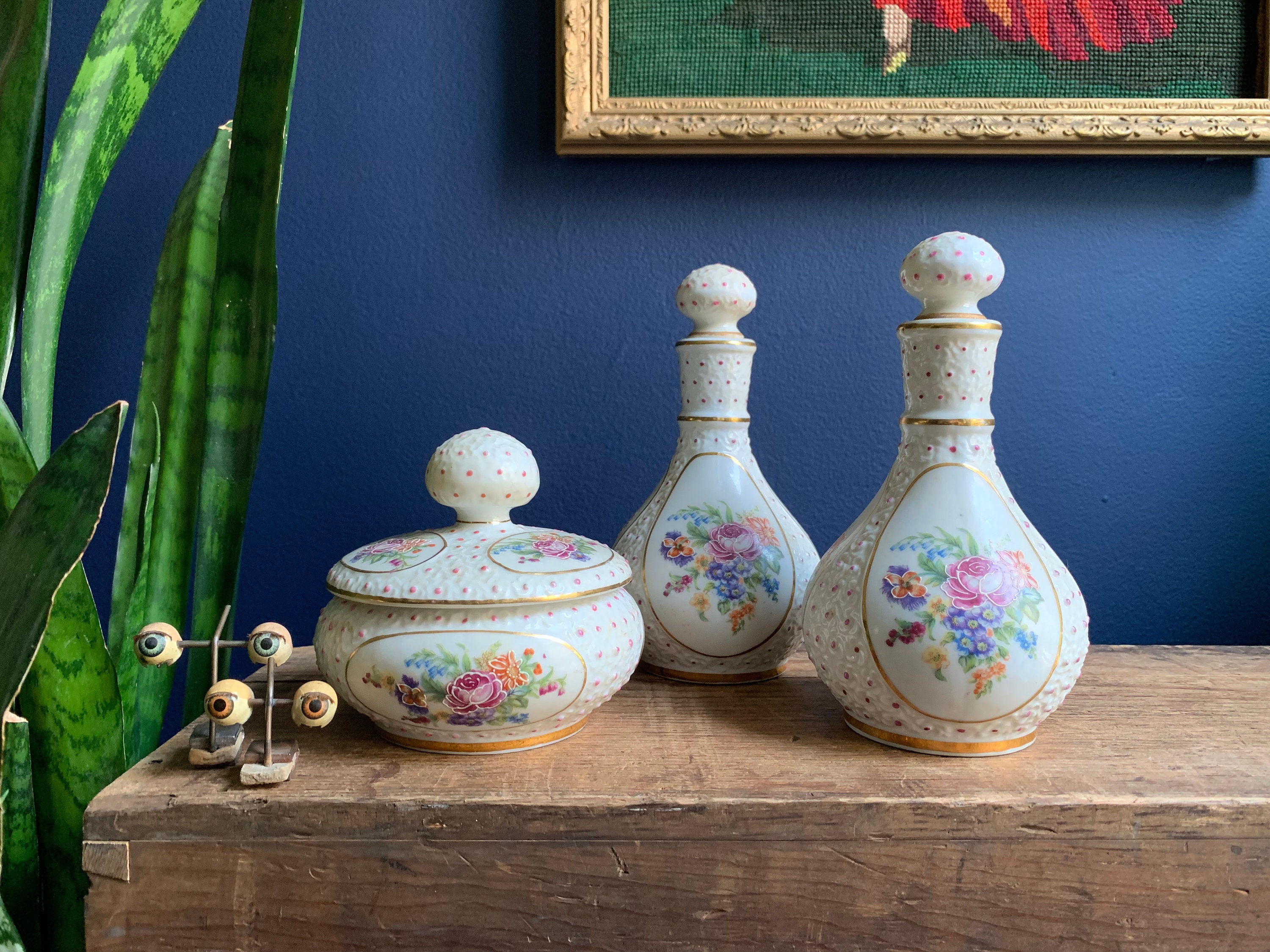 Vintage Ceramic Vanity Set With Pink Polkadots, Floral Vignettes, and ...