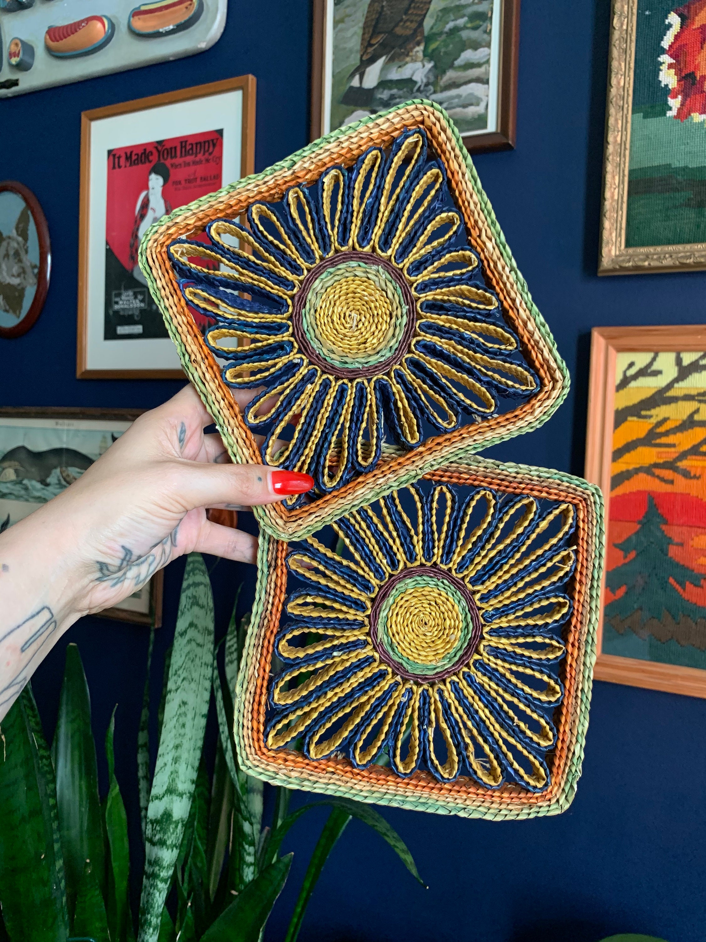 Pair Of Colorful Vintage Wicker/ Rattan Flower Trivets