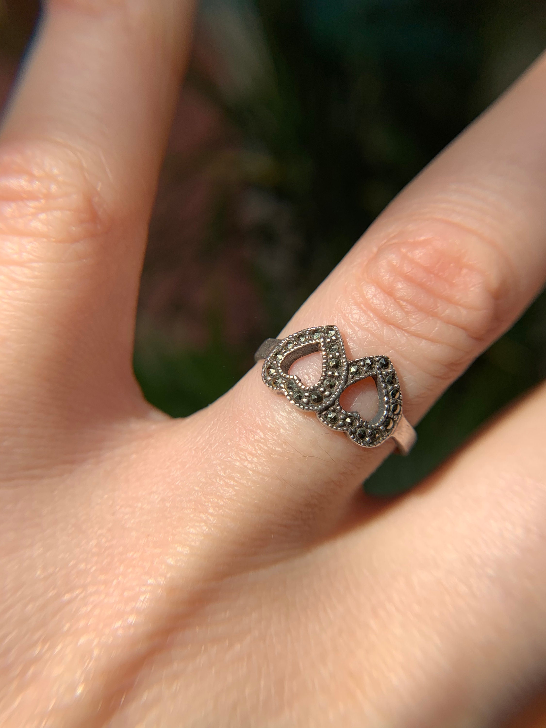 Vintage Sterling Silver Marcasite Double Heart Ring