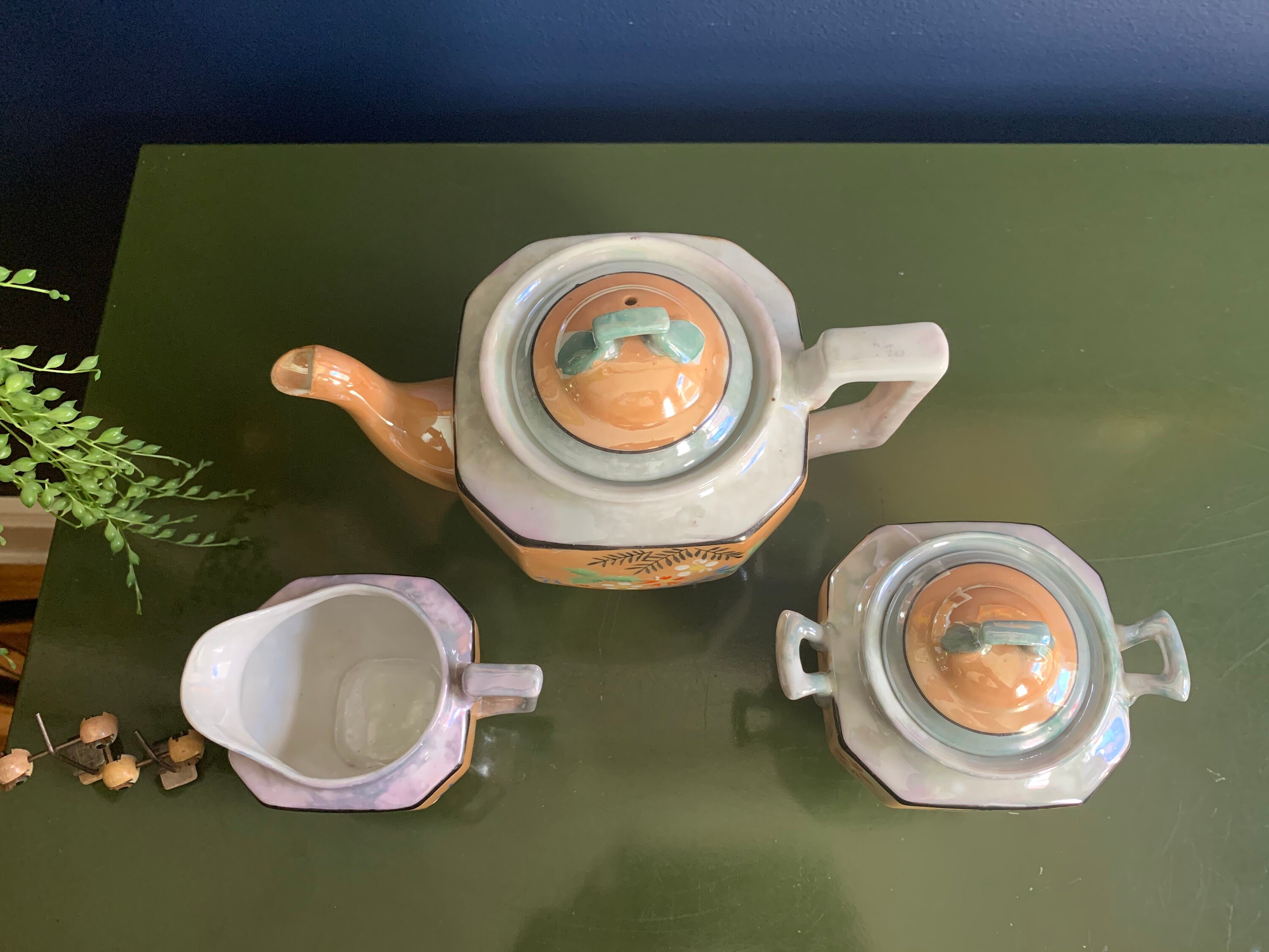 Vintage Hand Painted Japanese Lusterware Tea Pot, Creamer, & Sugar ...