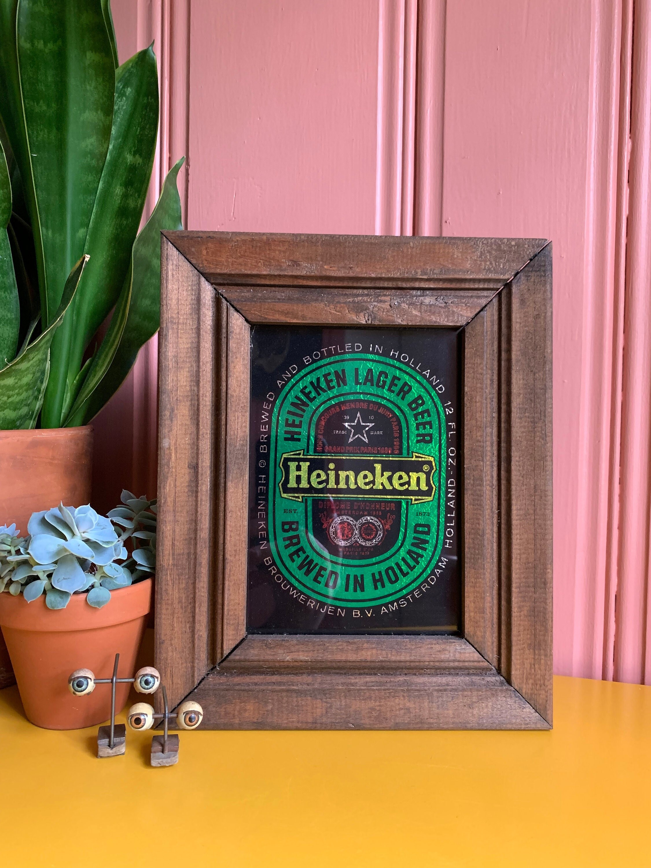 Vintage Heineken Beer Advertising Foil Art Picture In Original Wood Frame