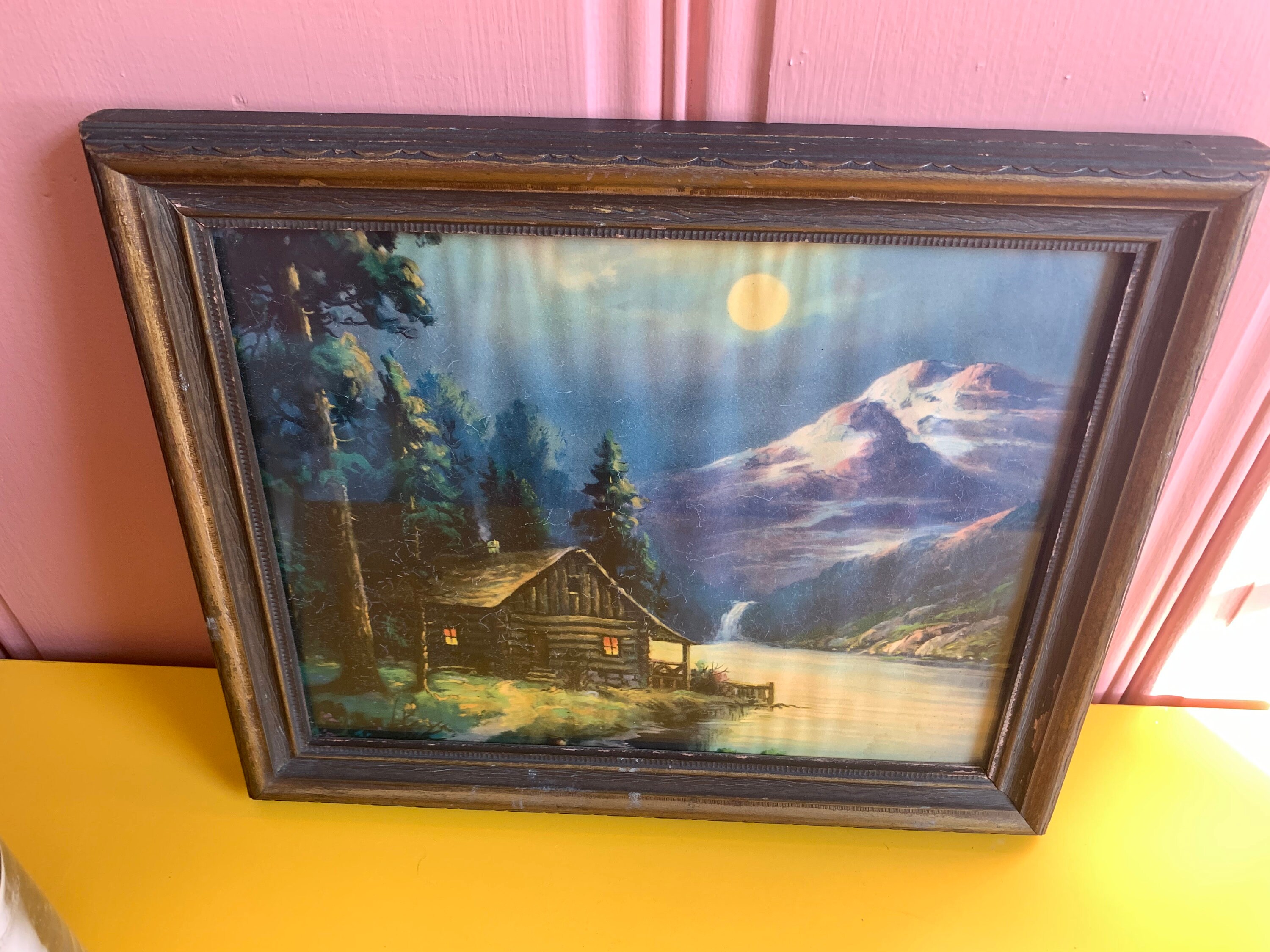 Vintage Log Cabin Lithograph In Original Wood Frame