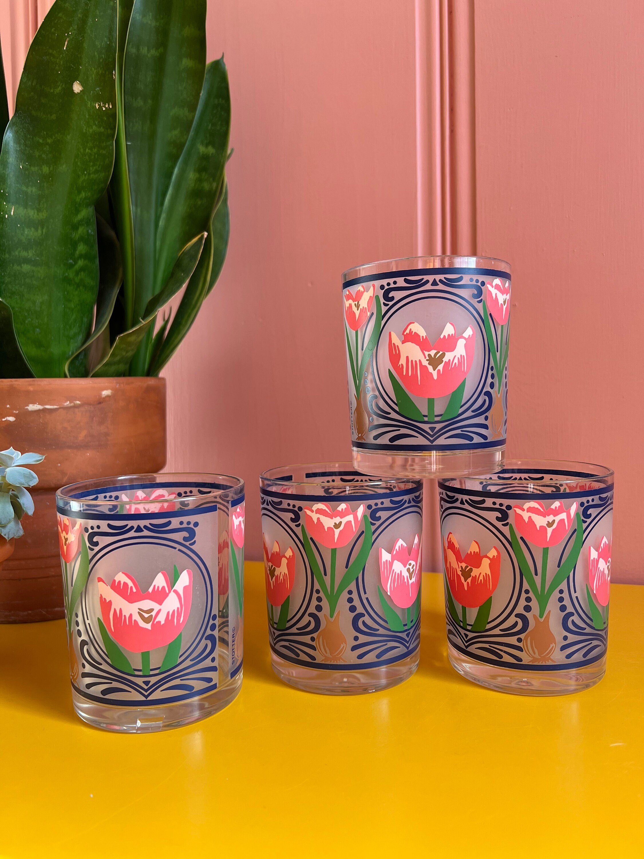 1980’s Four Piece Acrylic Cup Set With Flower & Bulb Motif by Stotter