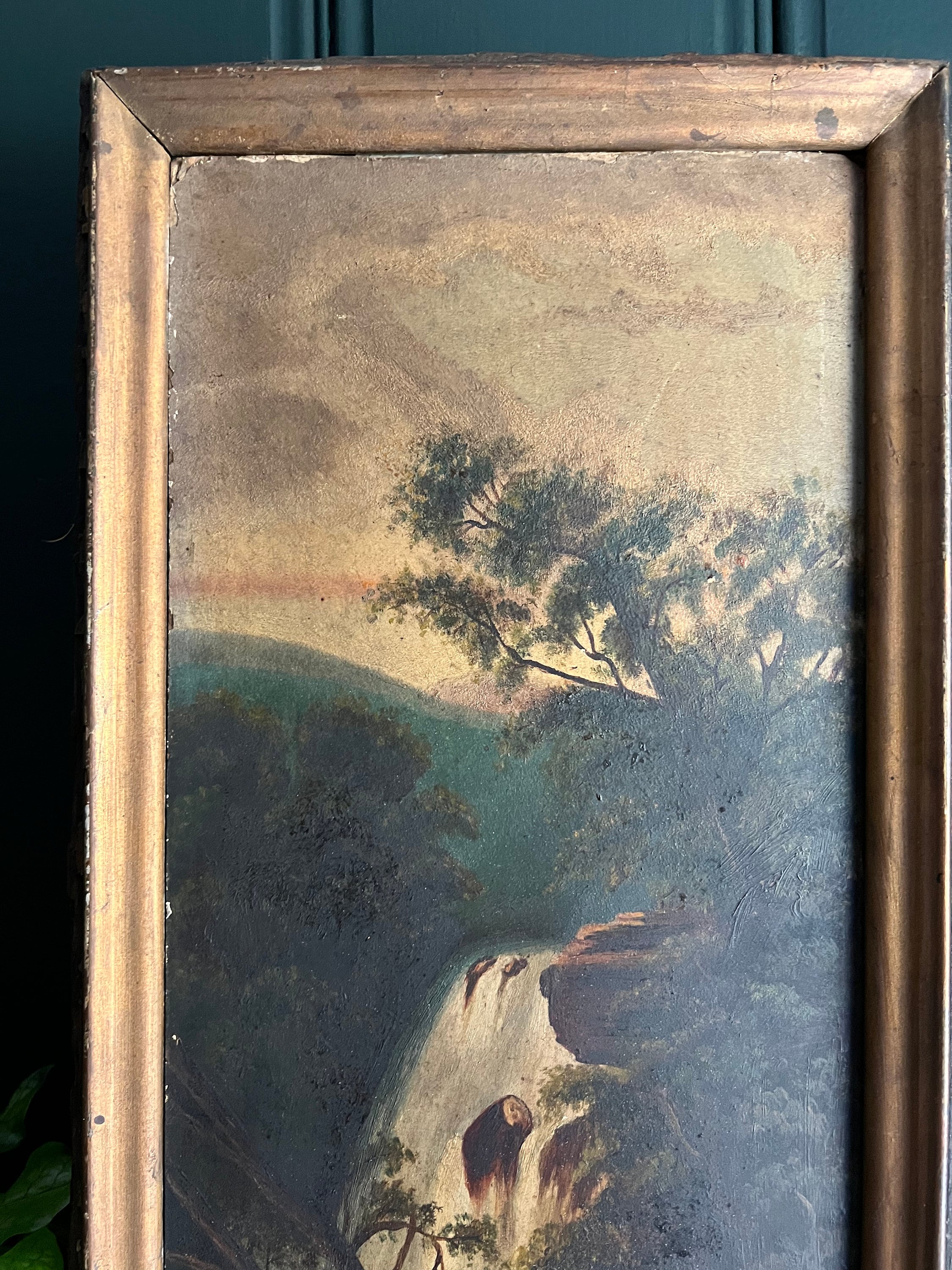 Antique Moody Landscape Oil Painting In Original Frame