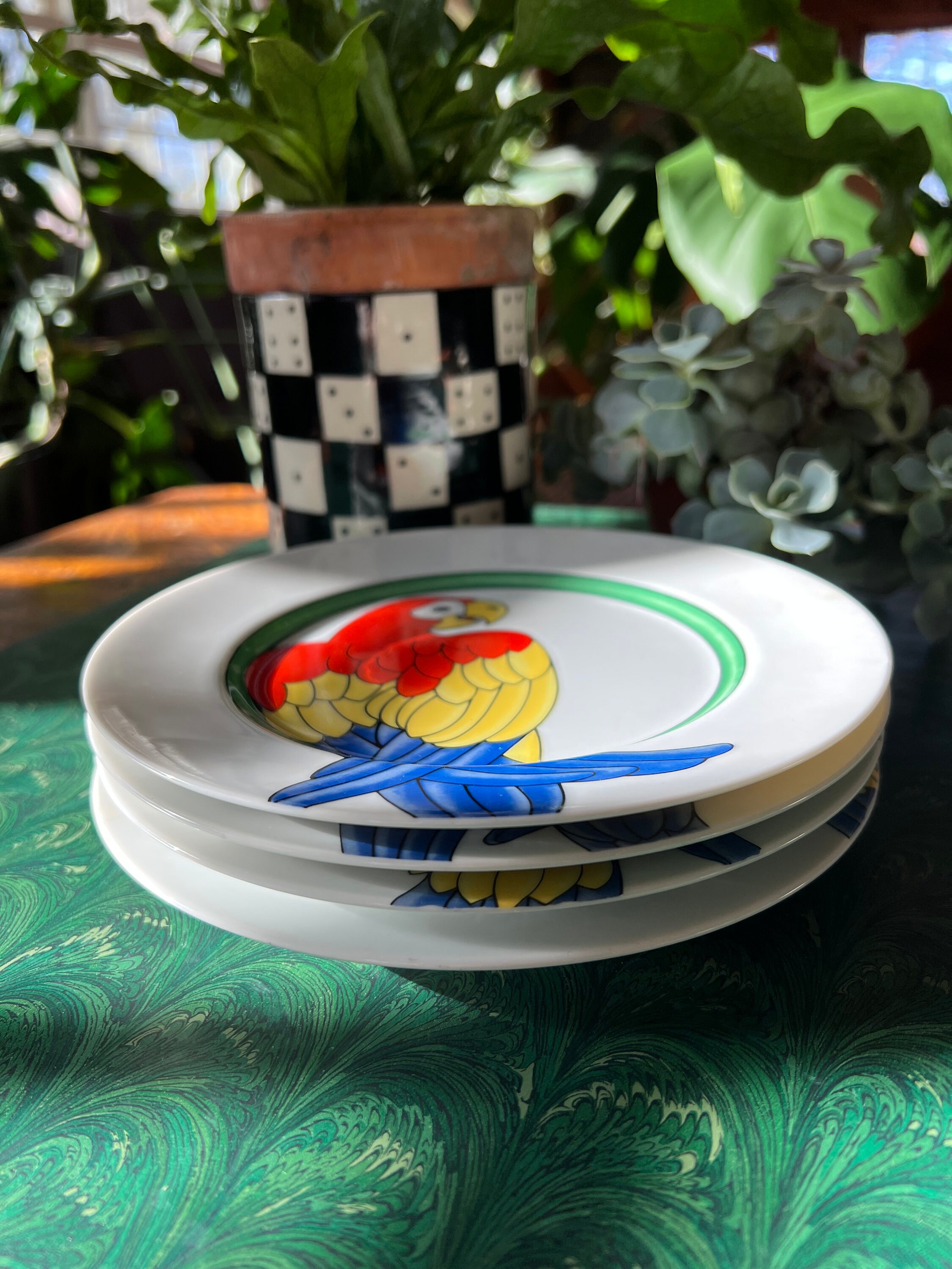 Set Of 4 Vintage Porcelain Parrot Plates by Fitz And Floyd