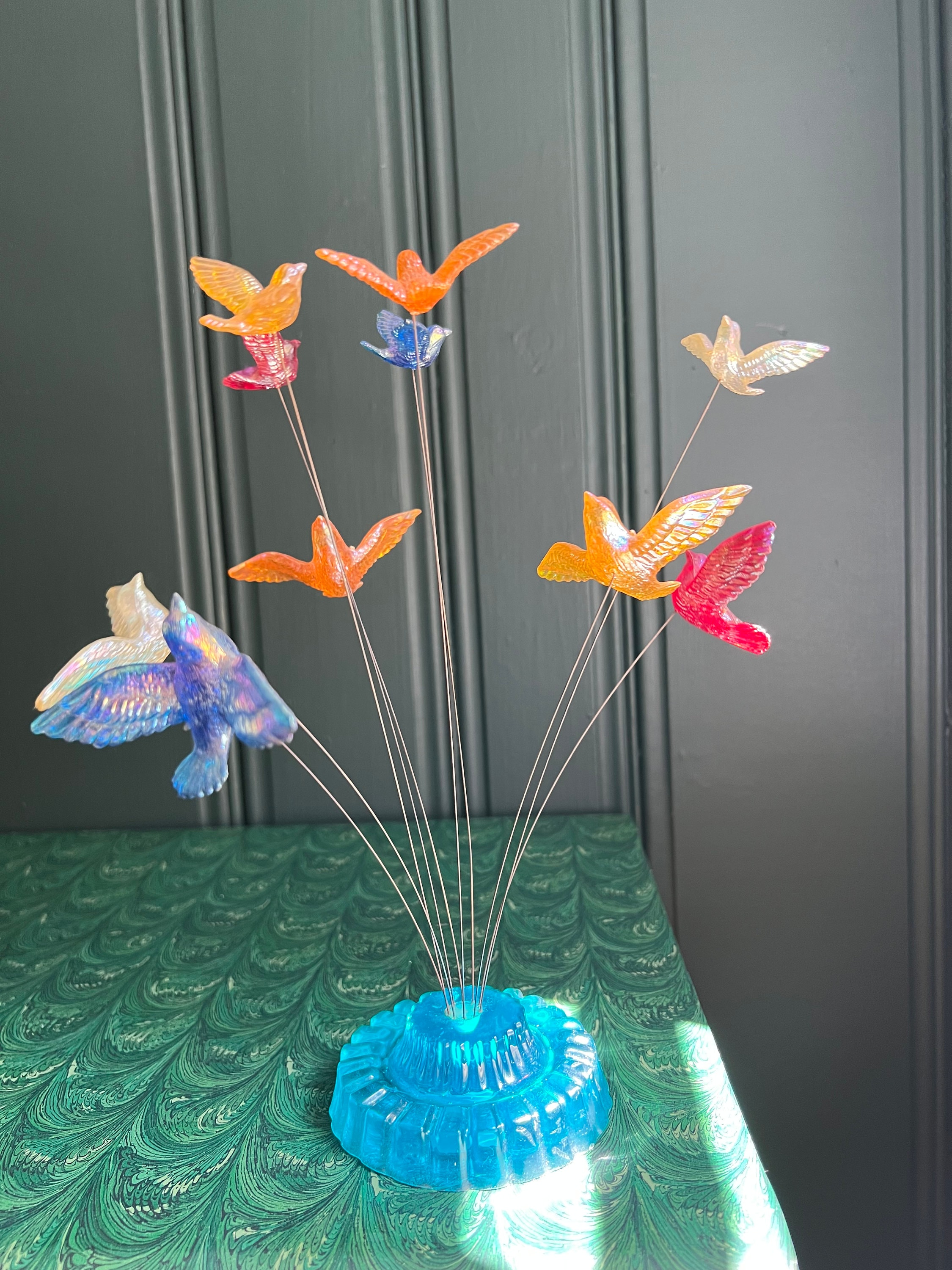 Colorful Vintage 1960's Kinetic Lucite Art Sculpture With Opalescent Birds