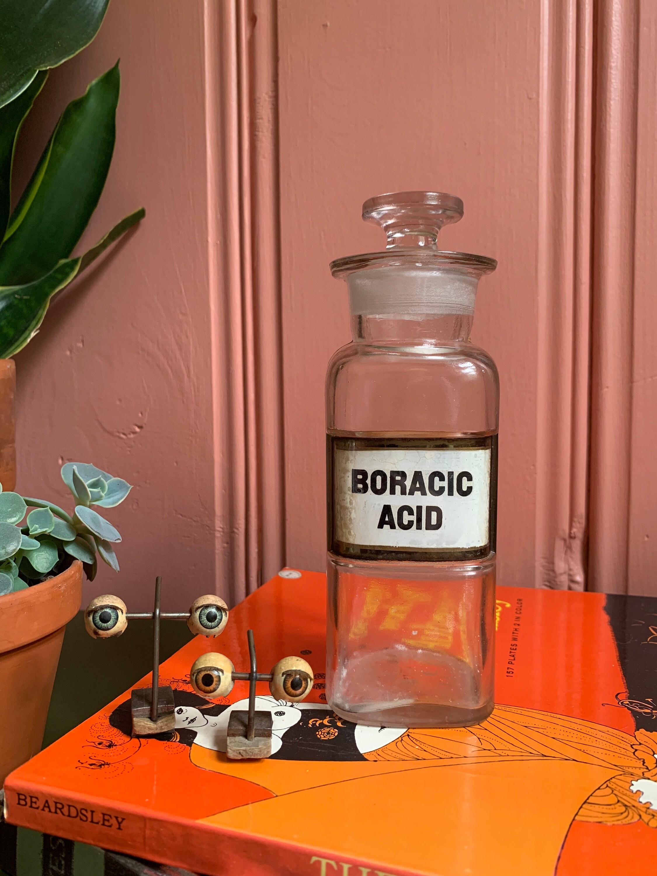Antique Apothecary Bottle With Original Glass Label: Boracic Acid