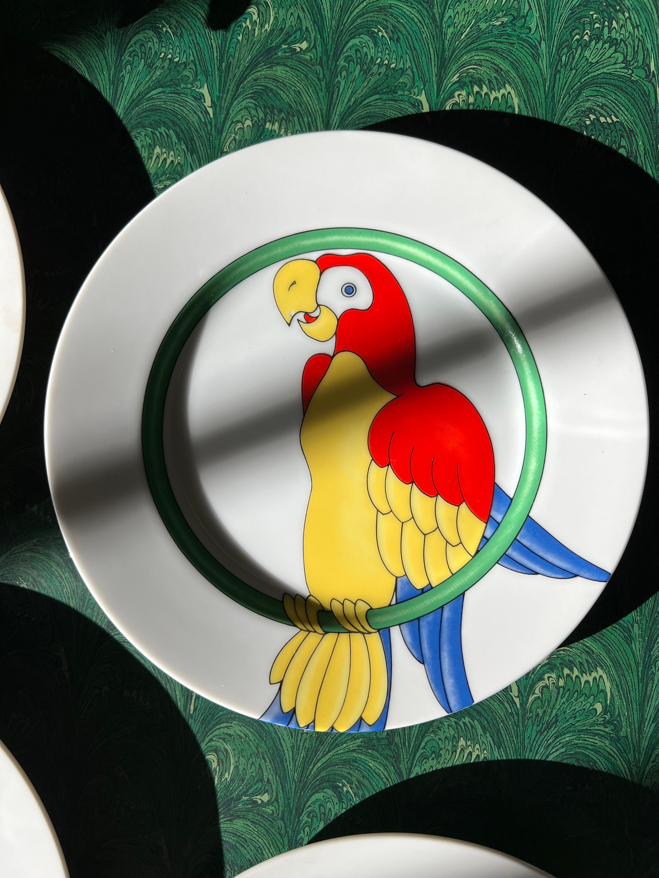 Set Of 4 Vintage Porcelain Parrot Plates by Fitz And Floyd