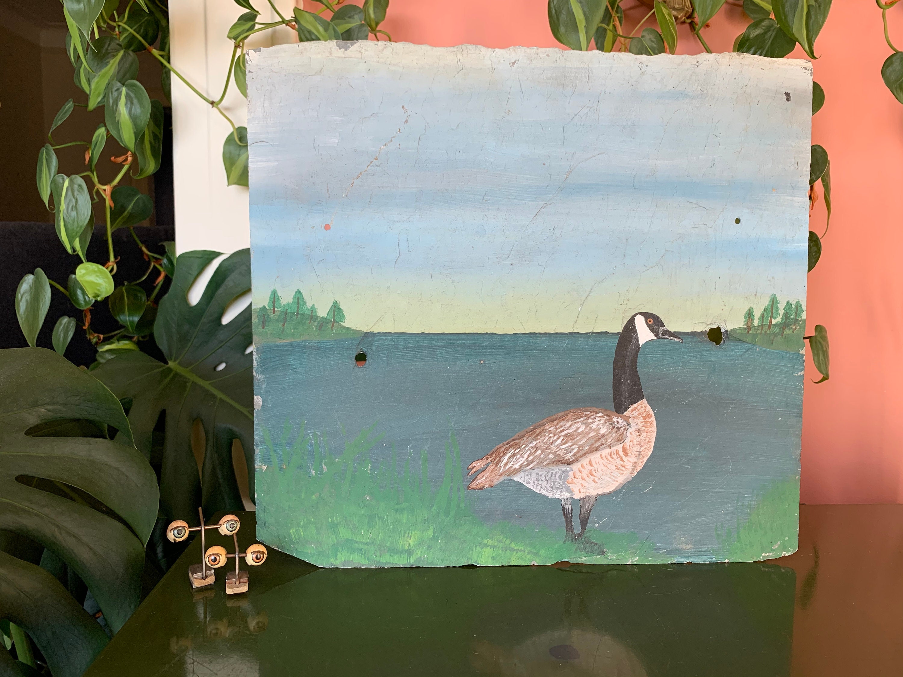 Vintage Goose Folk Painting On Slate