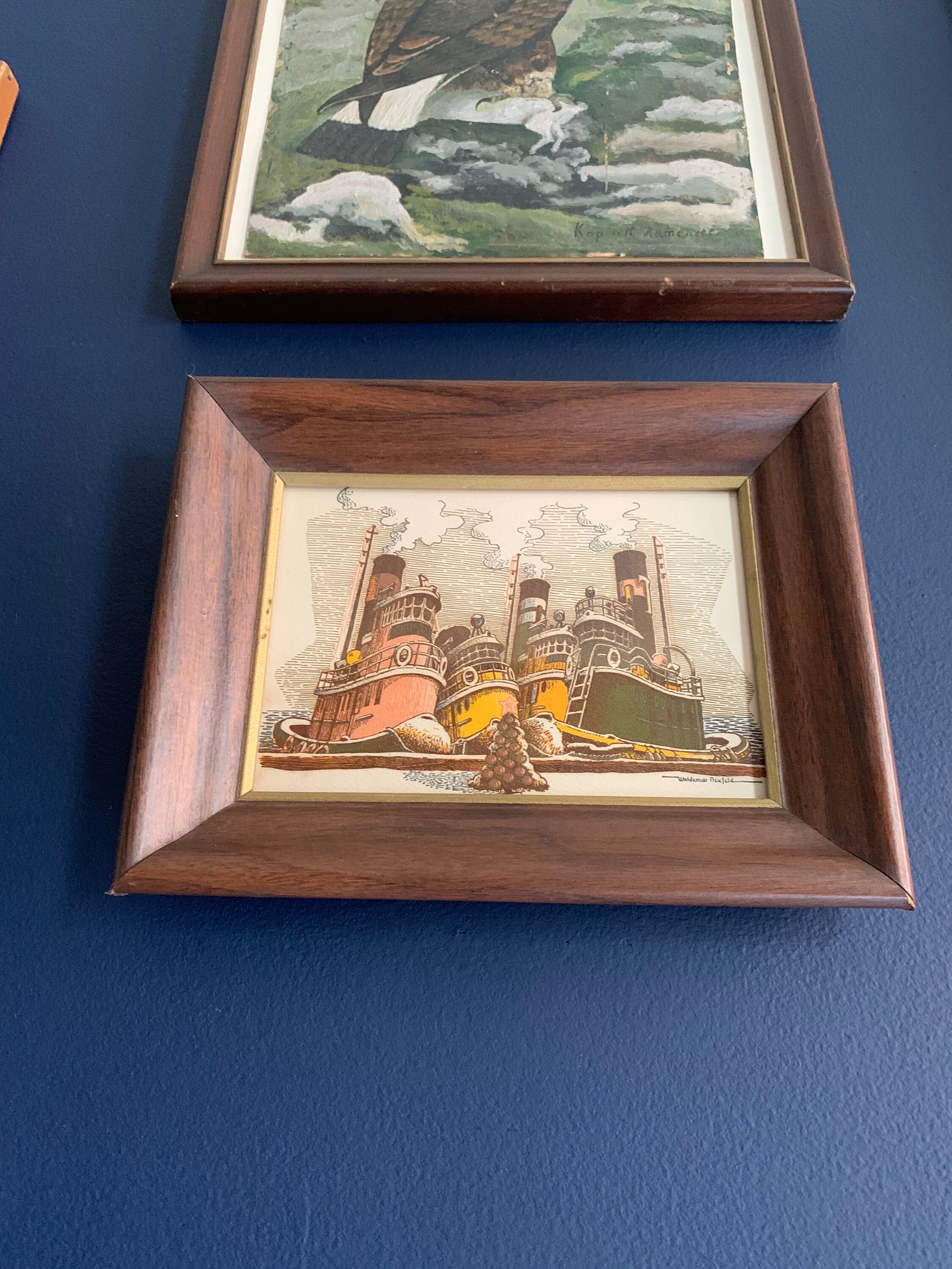 Antique Tugboat Lithograph Card In Original Frame