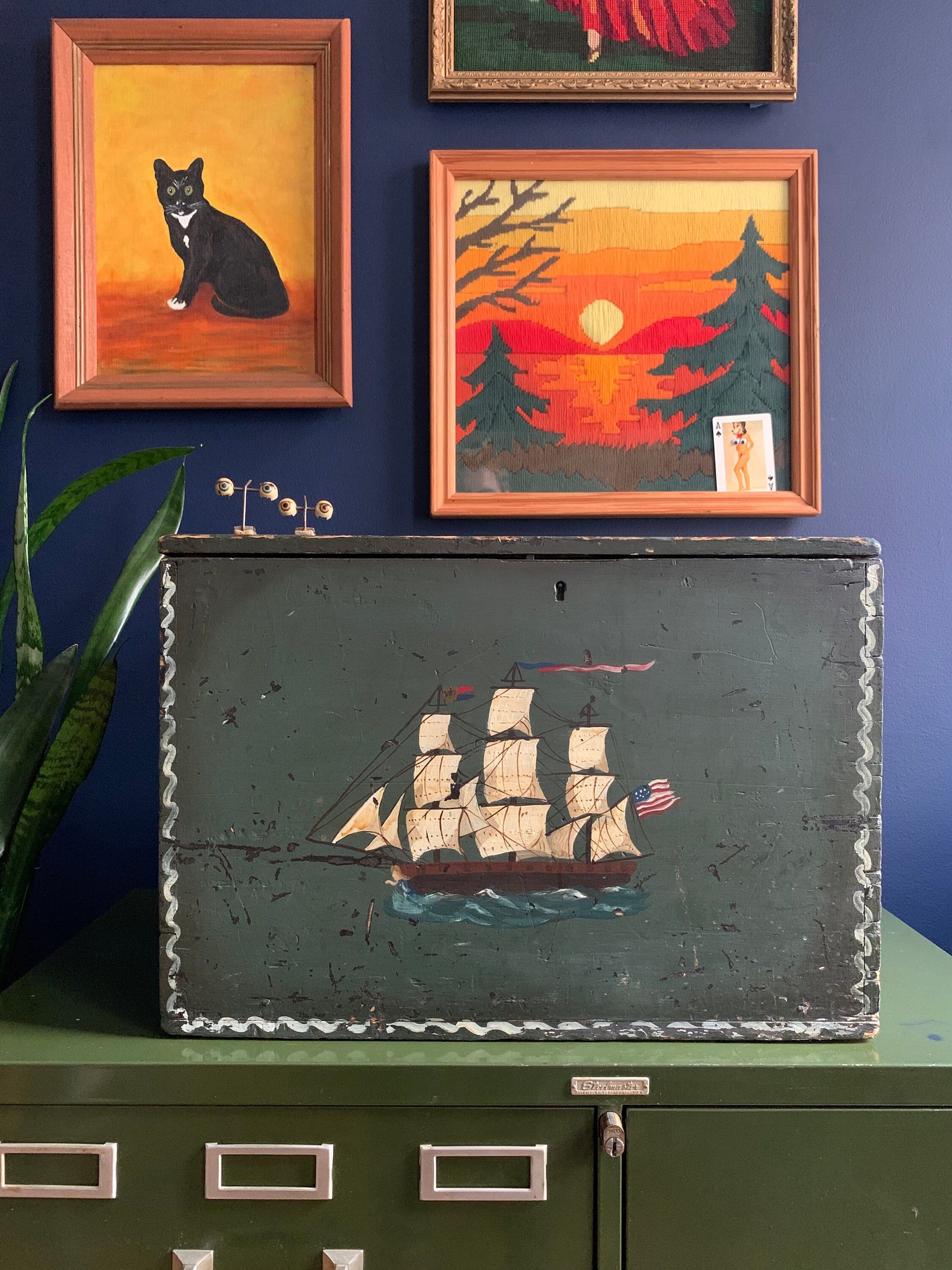 Vintage Wood Storage Trunk With Hand Painted Nautical Graphics