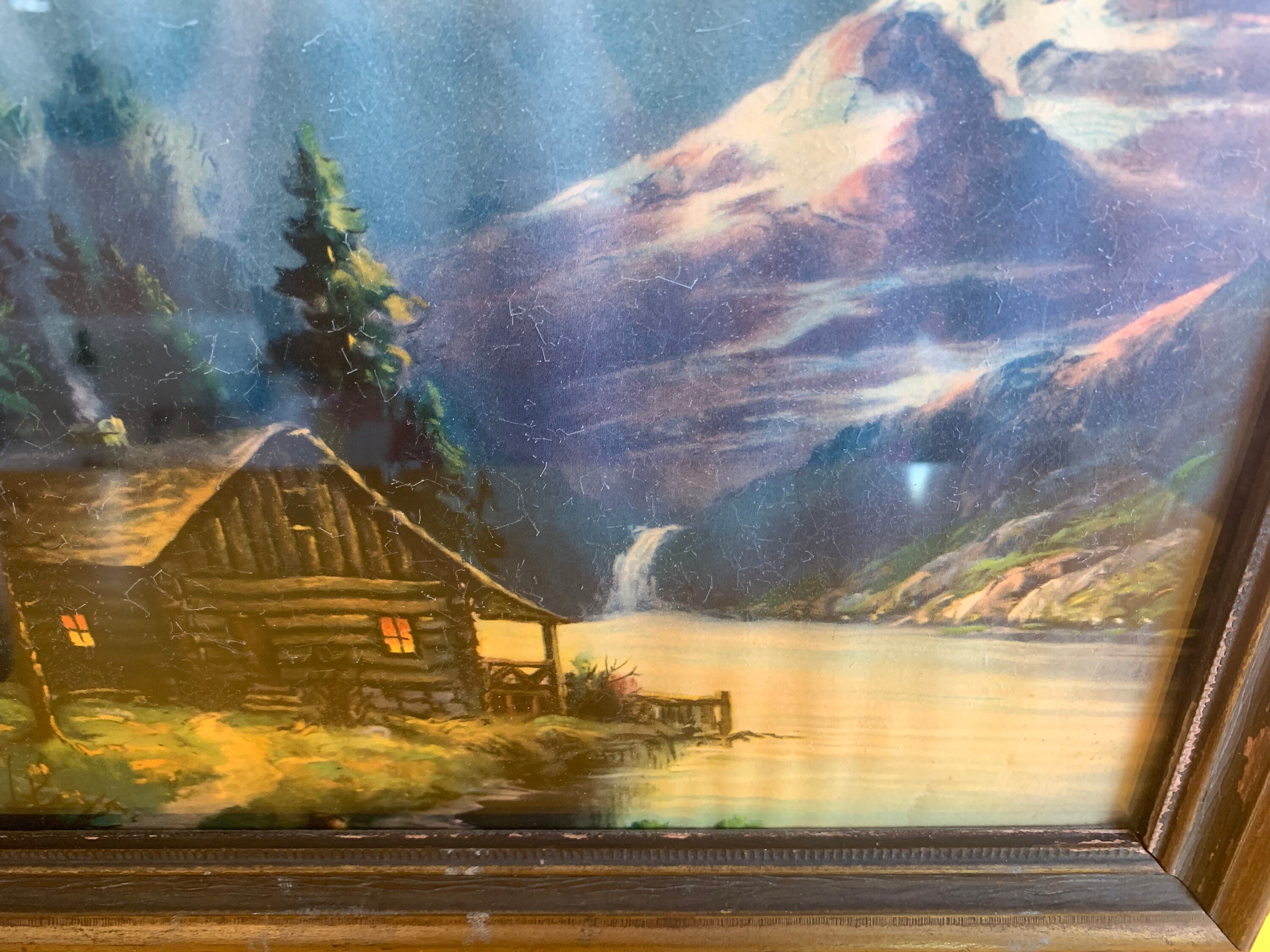 Vintage Log Cabin Lithograph In Original Wood Frame