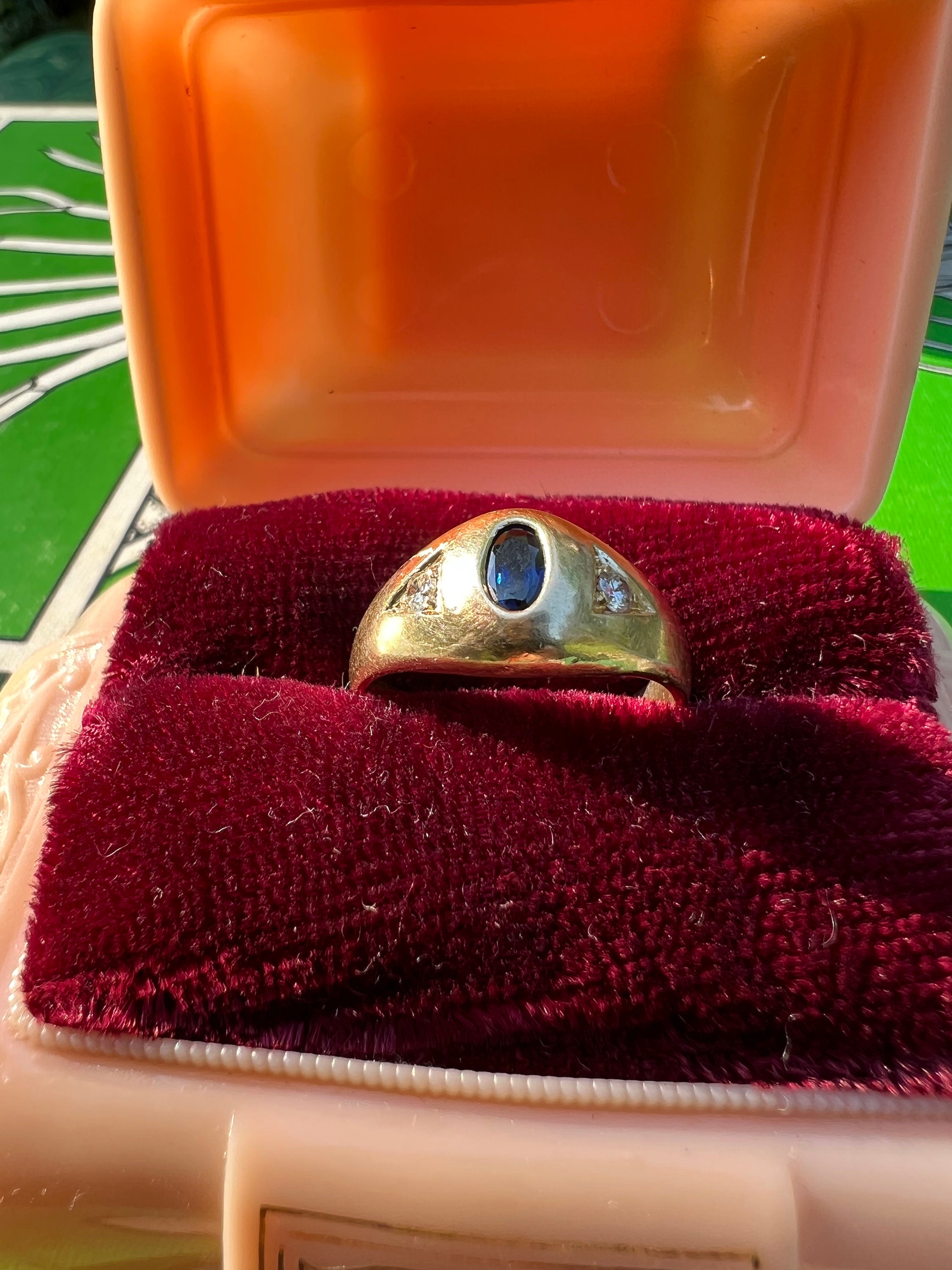 Vintage 14k Yellow Gold Flush Set Sapphire And Diamond Ring