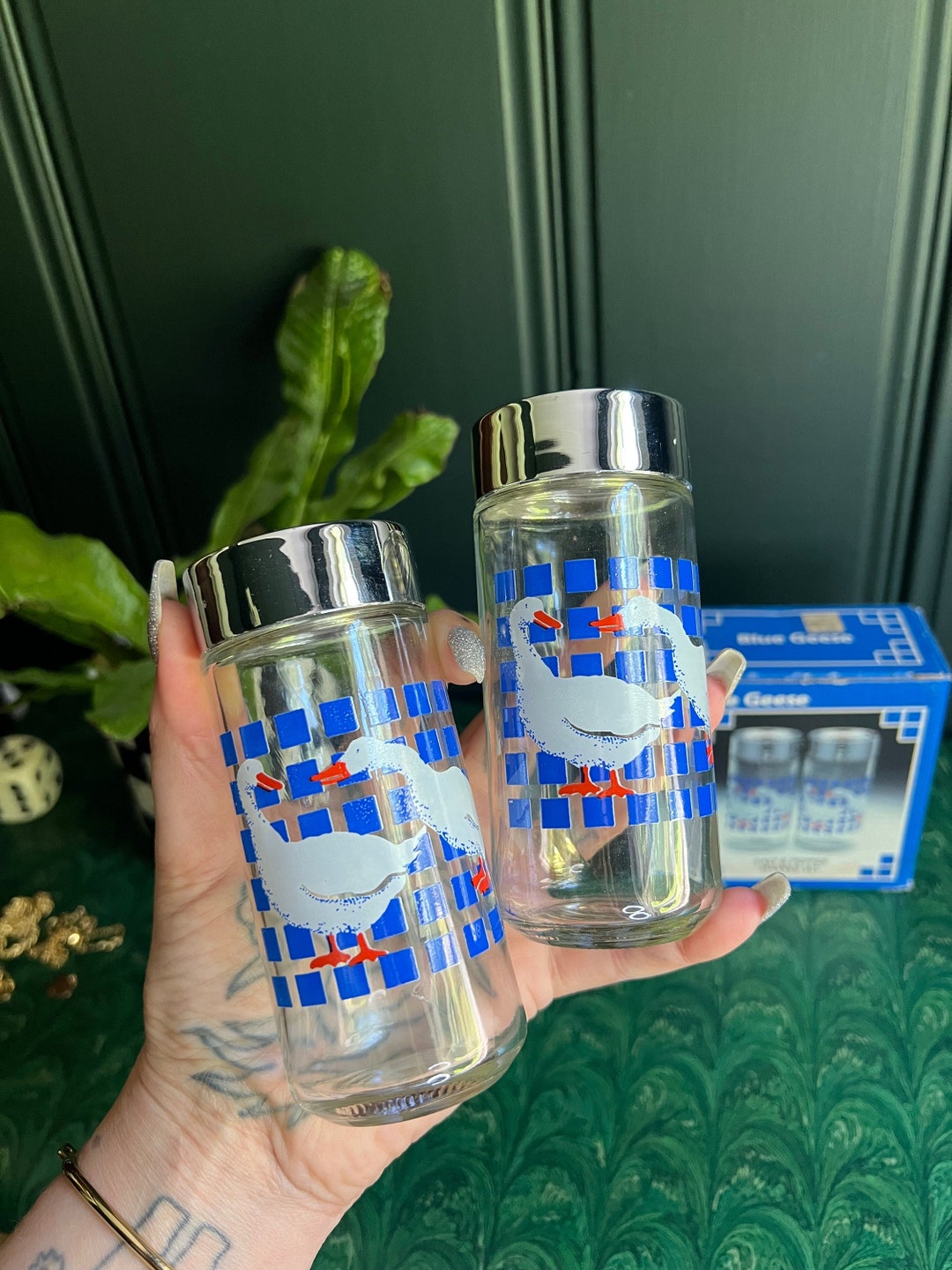 Vintage Salt & Pepper Set With Geese and Blue Checks Motif in Original ...