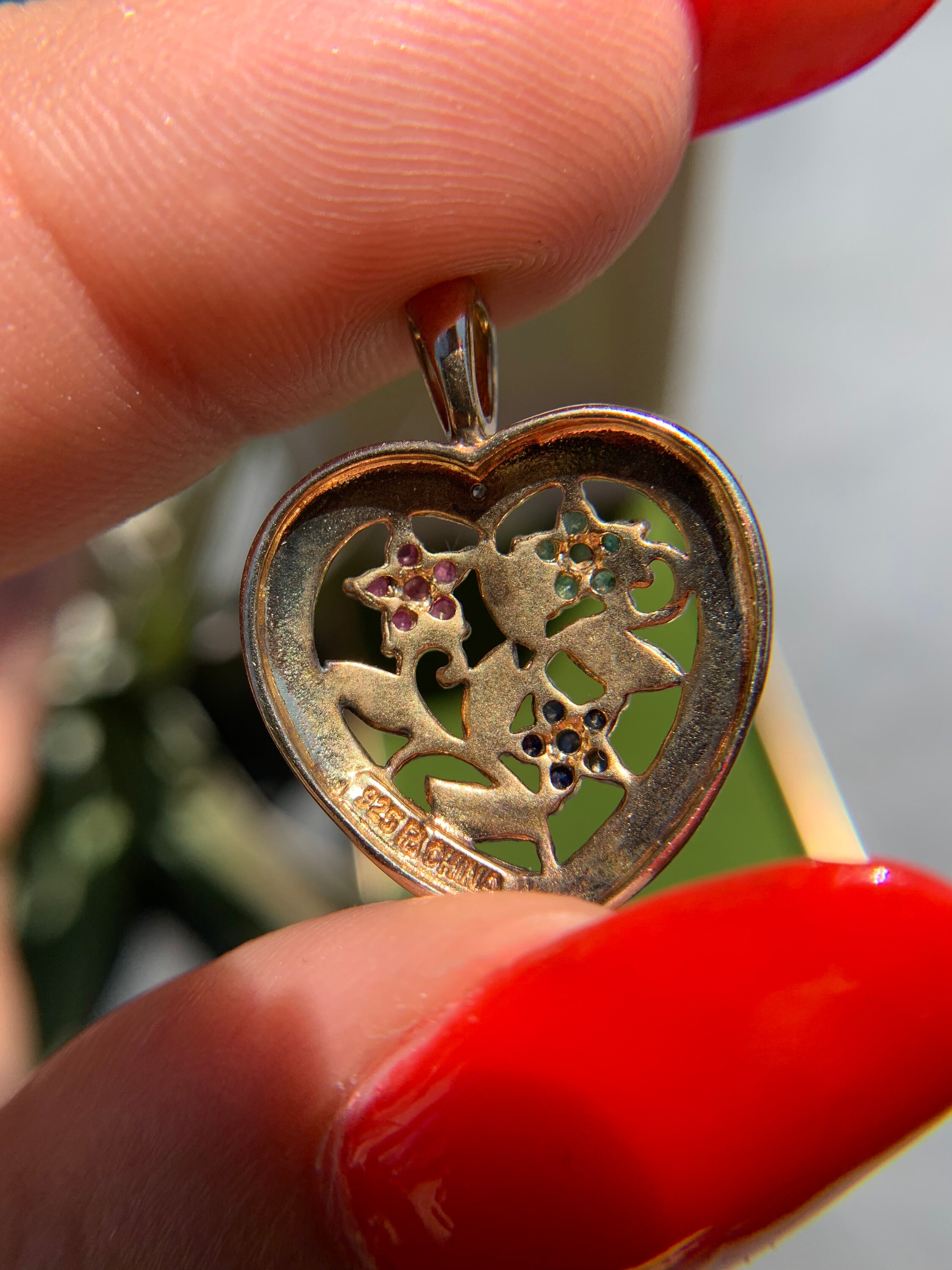 Vintage 14k Gold Plated Sapphire, Ruby And Emerald Floral Heart Charm