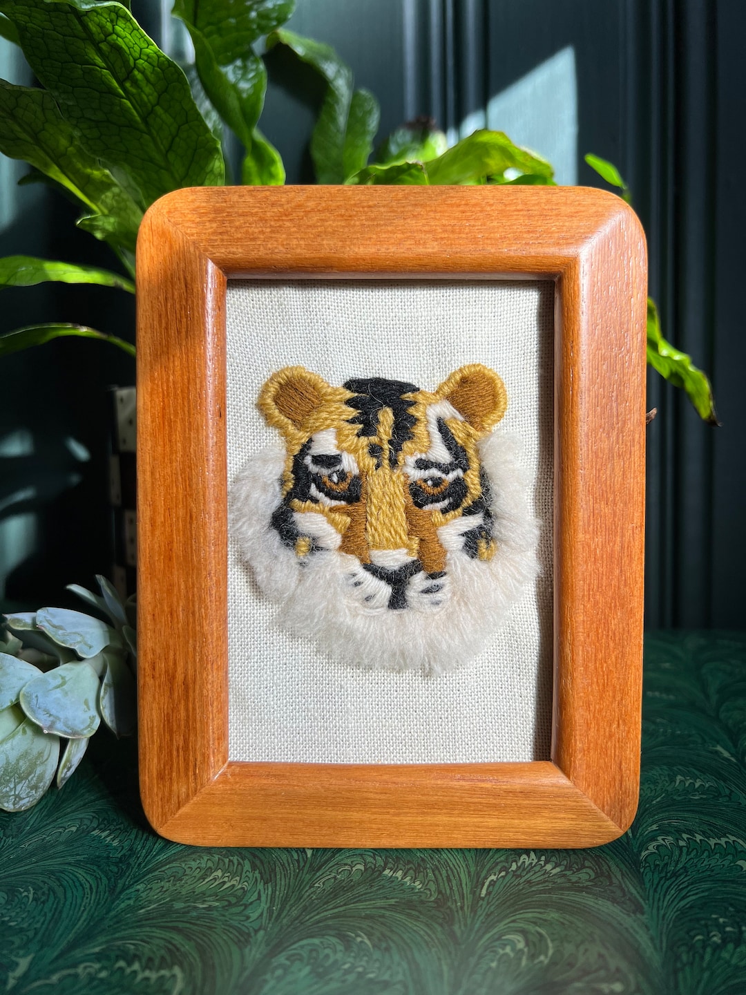 1960s Tiger Head Fiber Art in Wood Frame - Etsy