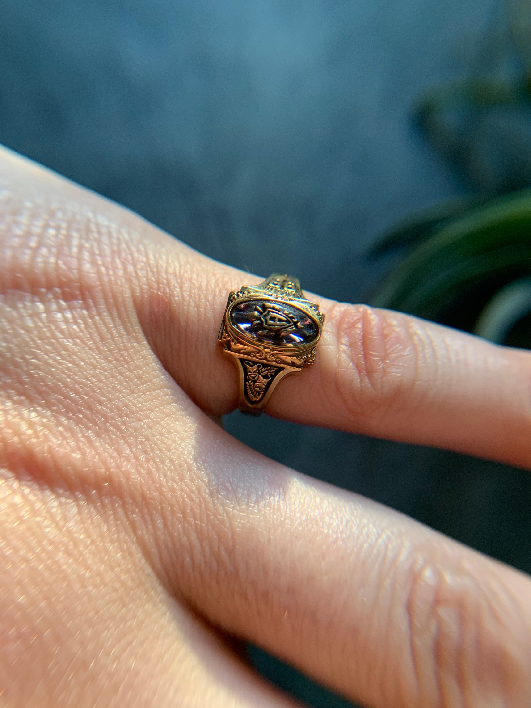 Vintage Gold Plated Amethyst Signet Class Ring With A Initial
