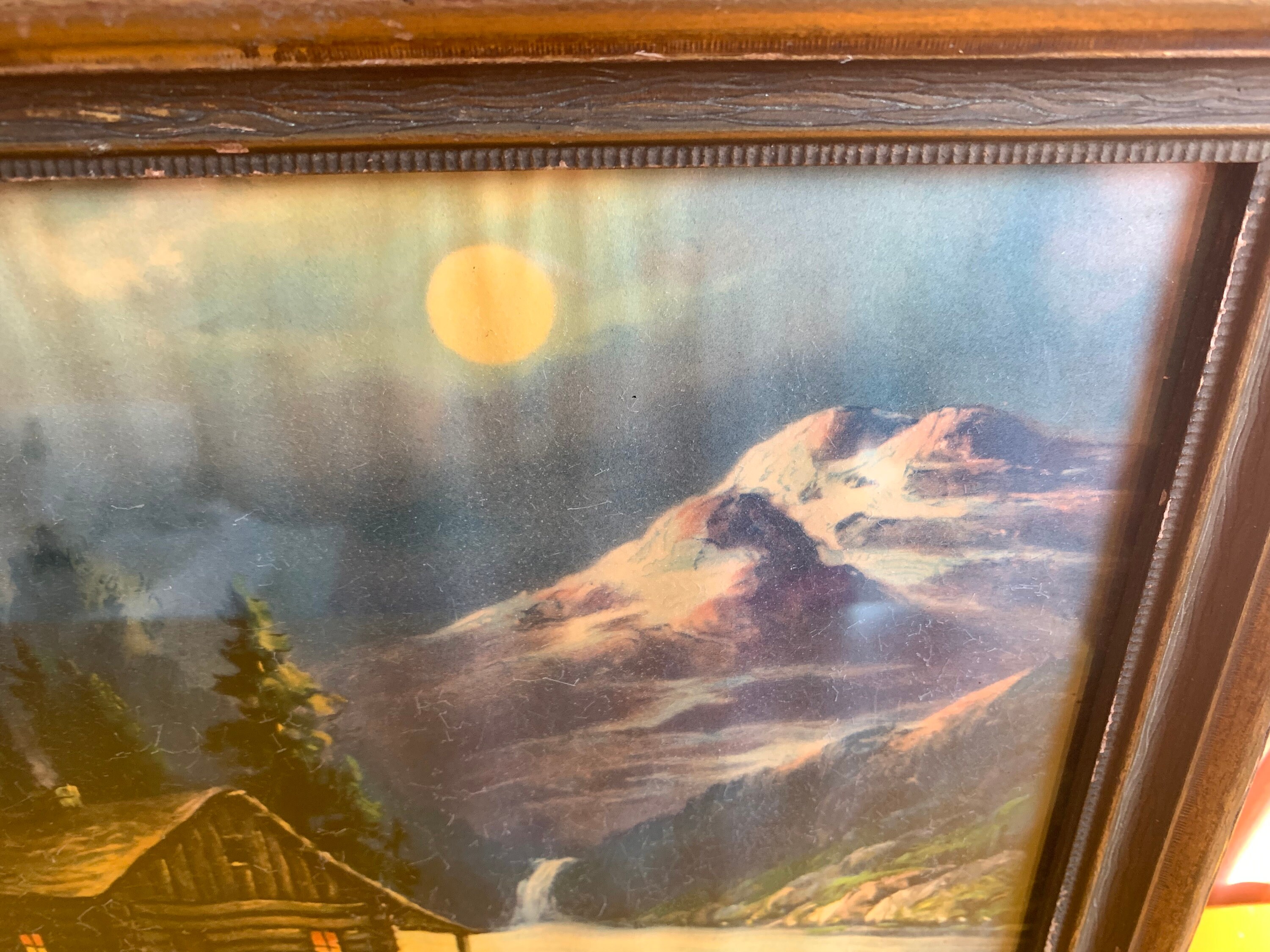 Vintage Log Cabin Lithograph In Original Wood Frame