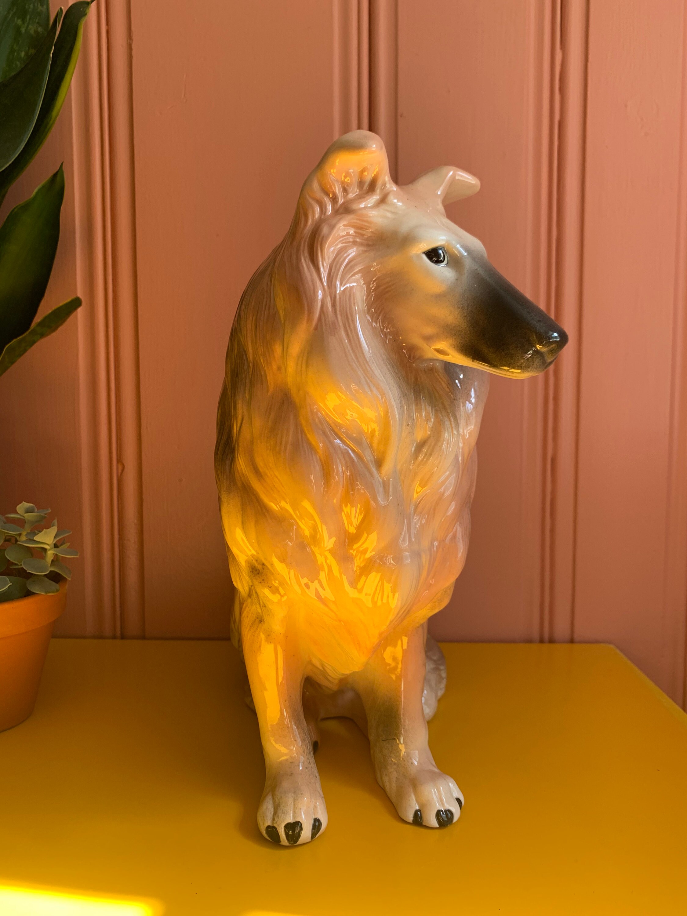 Vintage Pink Ceramic Collie Dog Statue