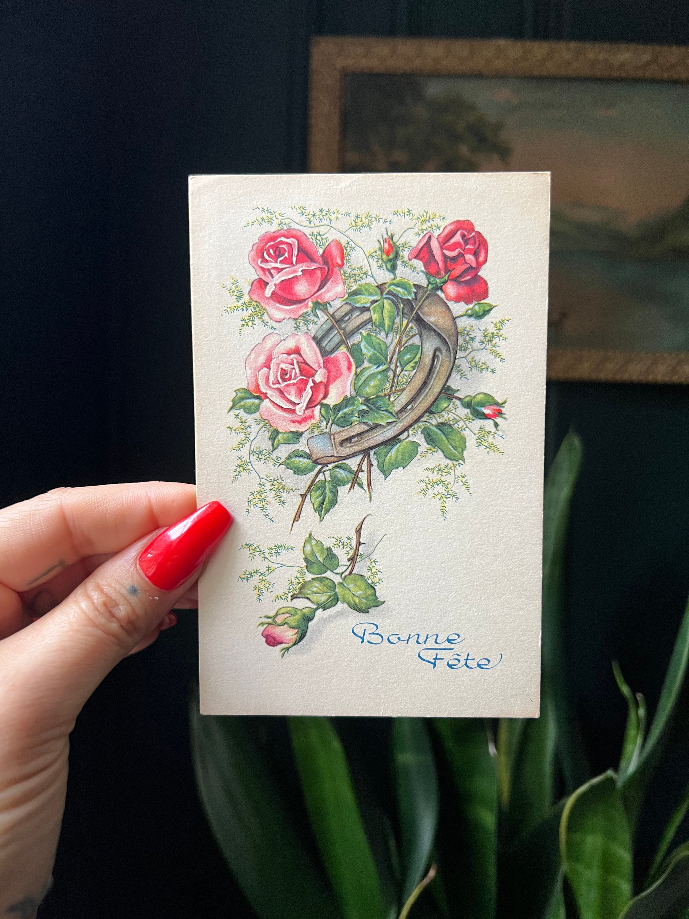 Antique French “Bonne Fête” Happy Birthday Post Card With Horseshoe And ...