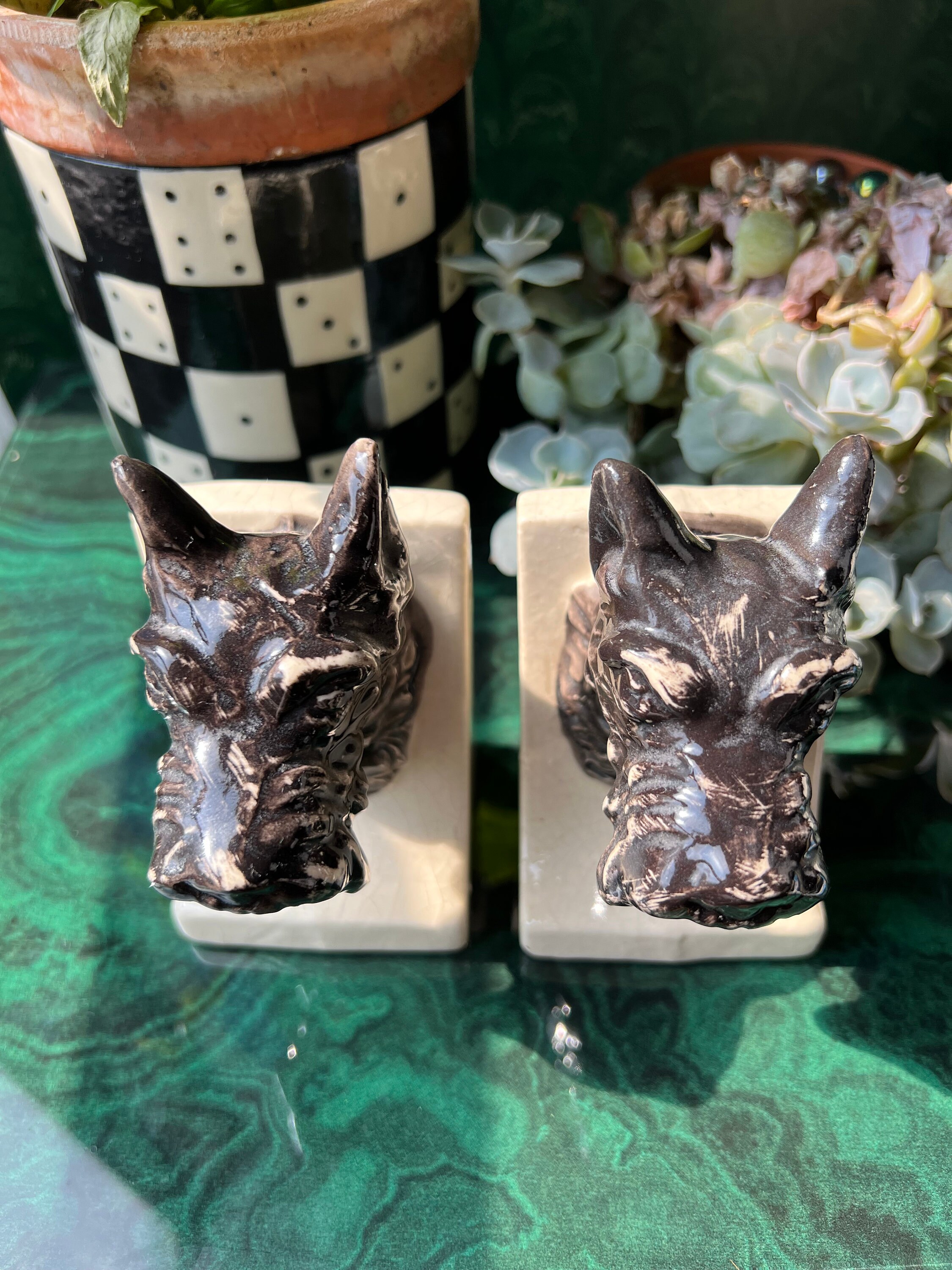 Vintage Ceramic Scotty Dog Head Bookends, Japan