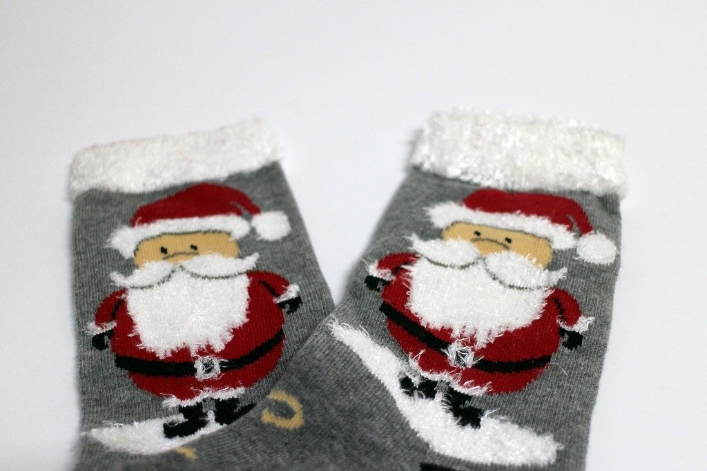 Christmas Santa Claus Grey Furry Socks - Etsy