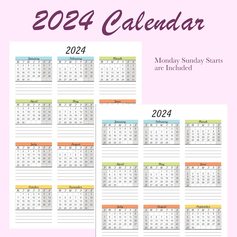 2024 Yearly Calendar Printable 2024 Calendar 2024 Minimalist Calendar ...