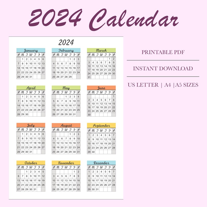 2024 Yearly Calendar Printable 2024 Calendar 2024 Minimalist Calendar ...