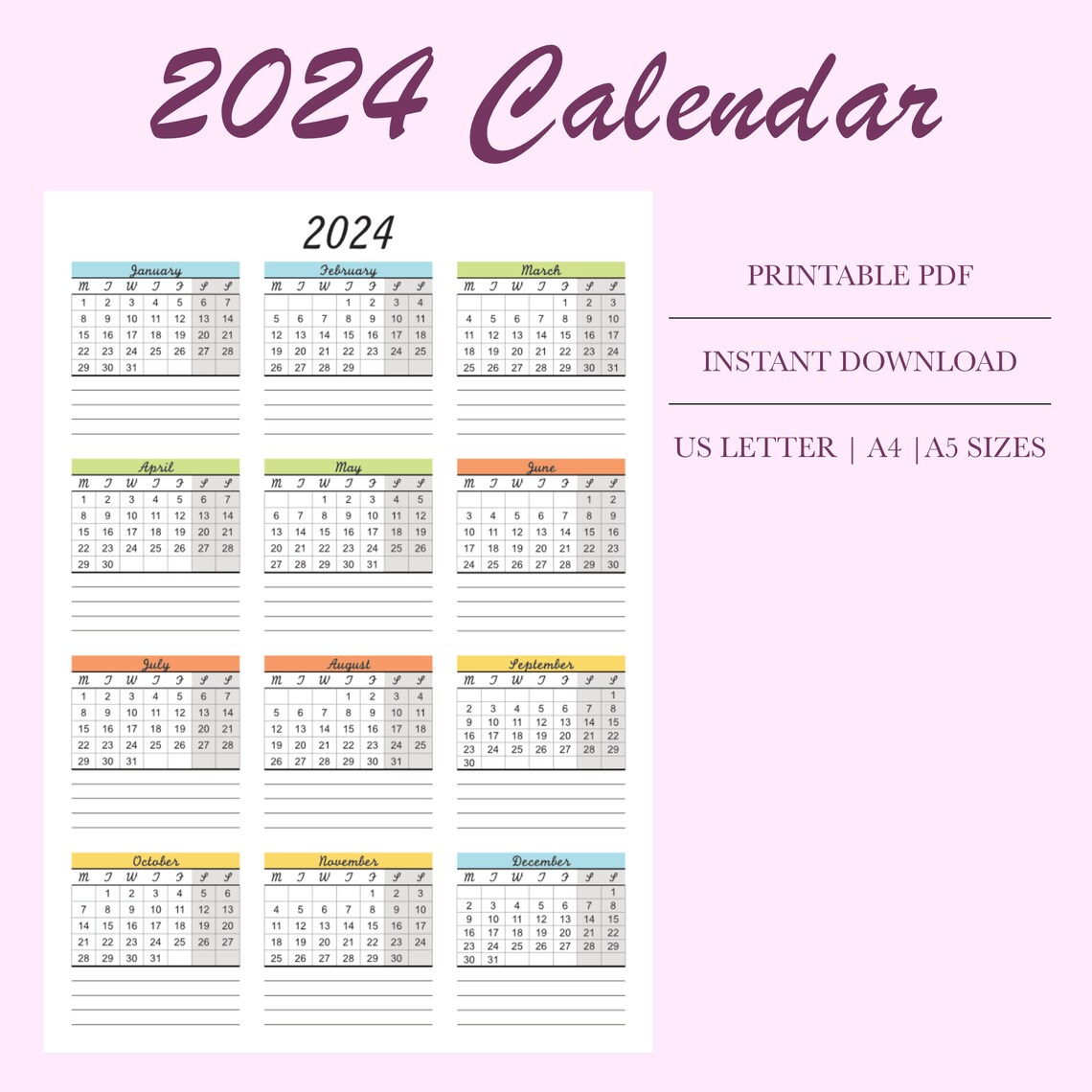 2024 Yearly Calendar Printable 2024 Calendar 2024 Minimalist Calendar ...