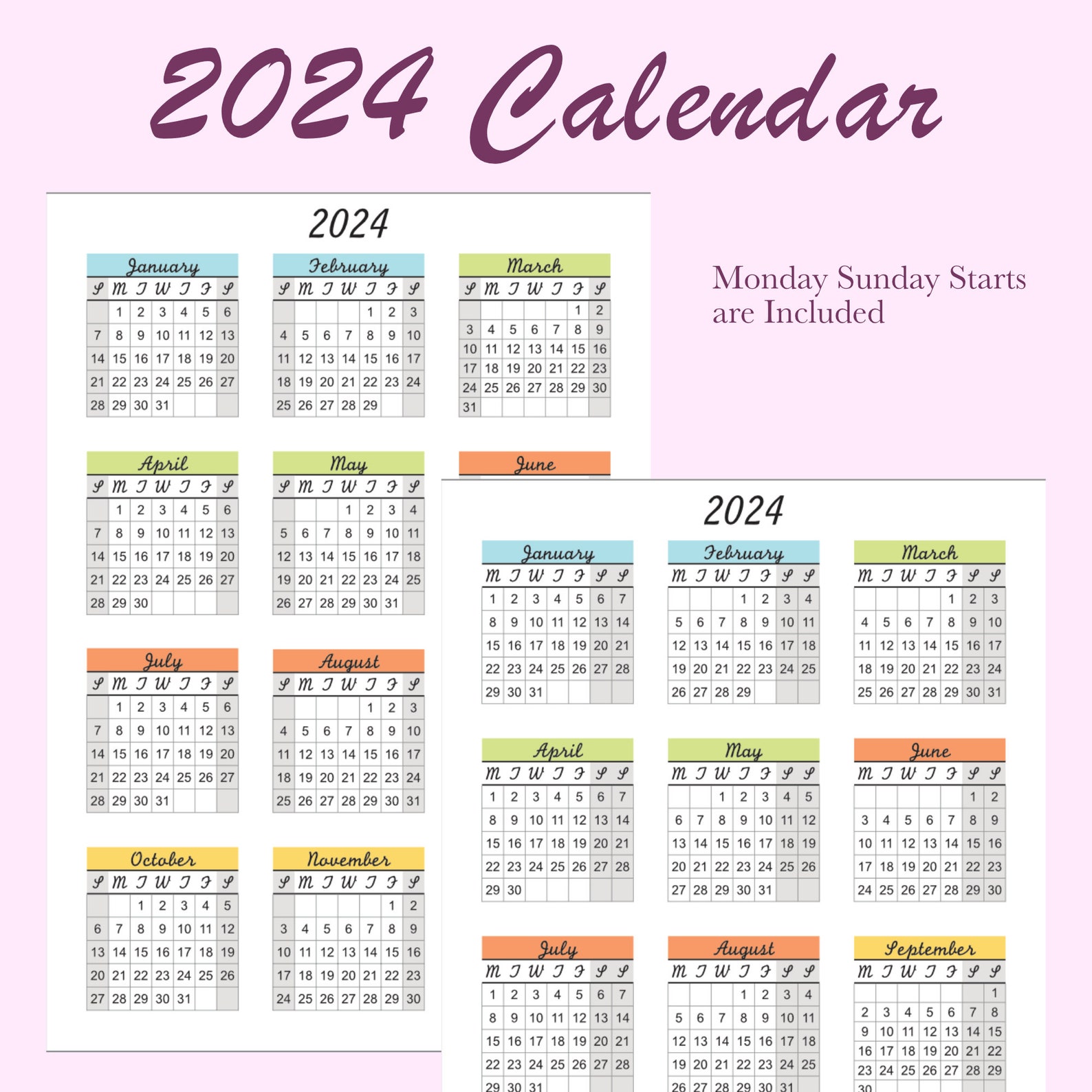 2024 Yearly Calendar Printable 2024 Calendar 2024 Minimalist Calendar ...