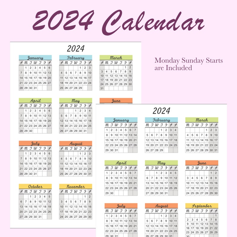 2024 Yearly Calendar Printable 2024 Calendar 2024 Minimalist Calendar ...