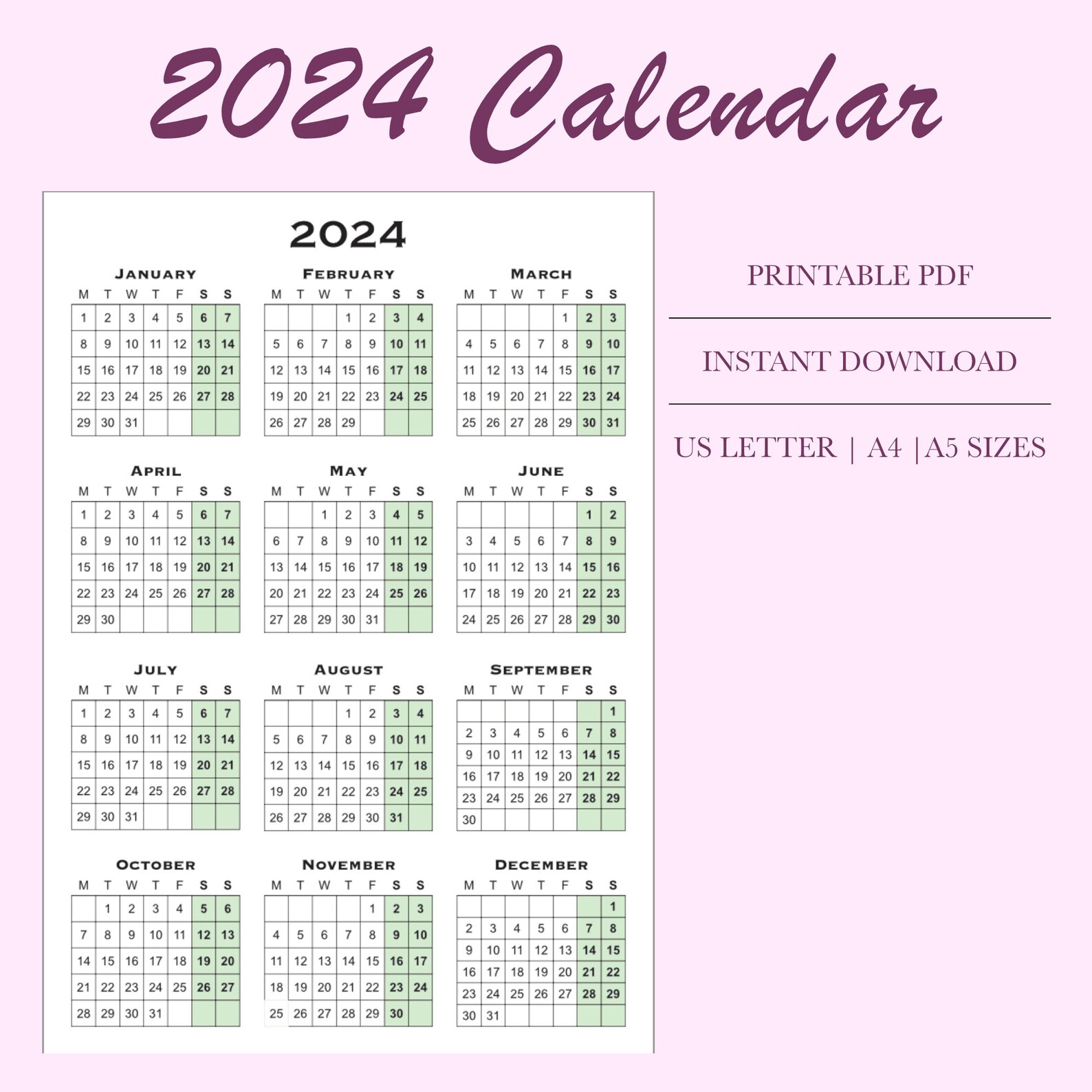 2024 Yearly Calendar Printable 2024 Calendar 2024 Minimalist Calendar ...
