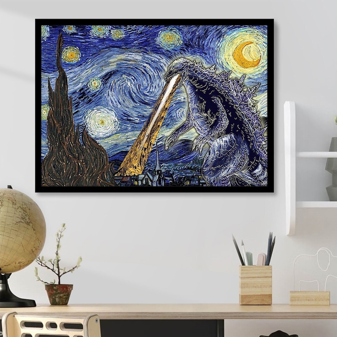 Godzilla Starry Night Art Print, Godzilla King of Monsters, Vincent Van ...